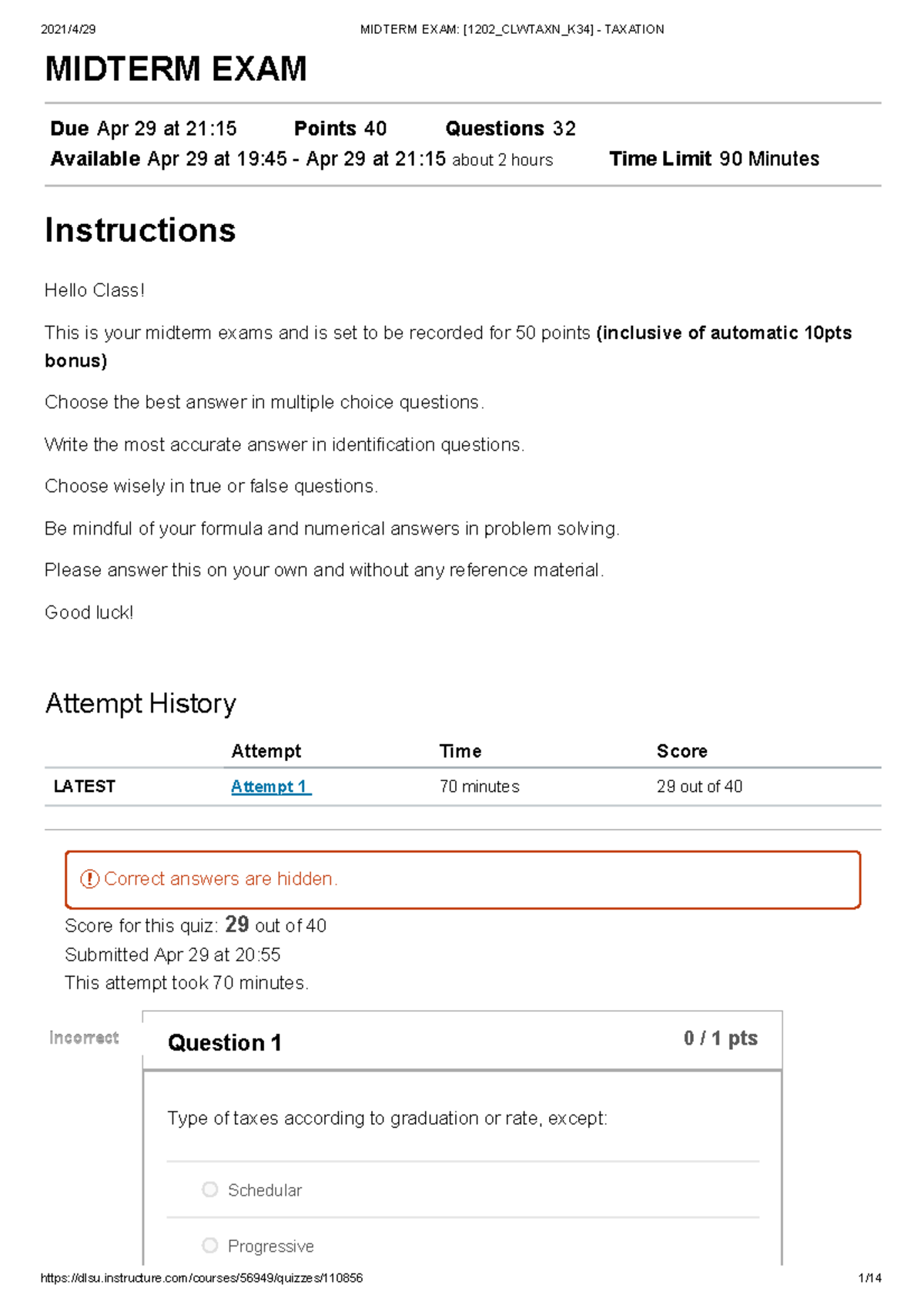 Midterm EXAM Clwtaxn - MIDTERM EXAM Due Apr 29 at 21:15 Points 40 ...