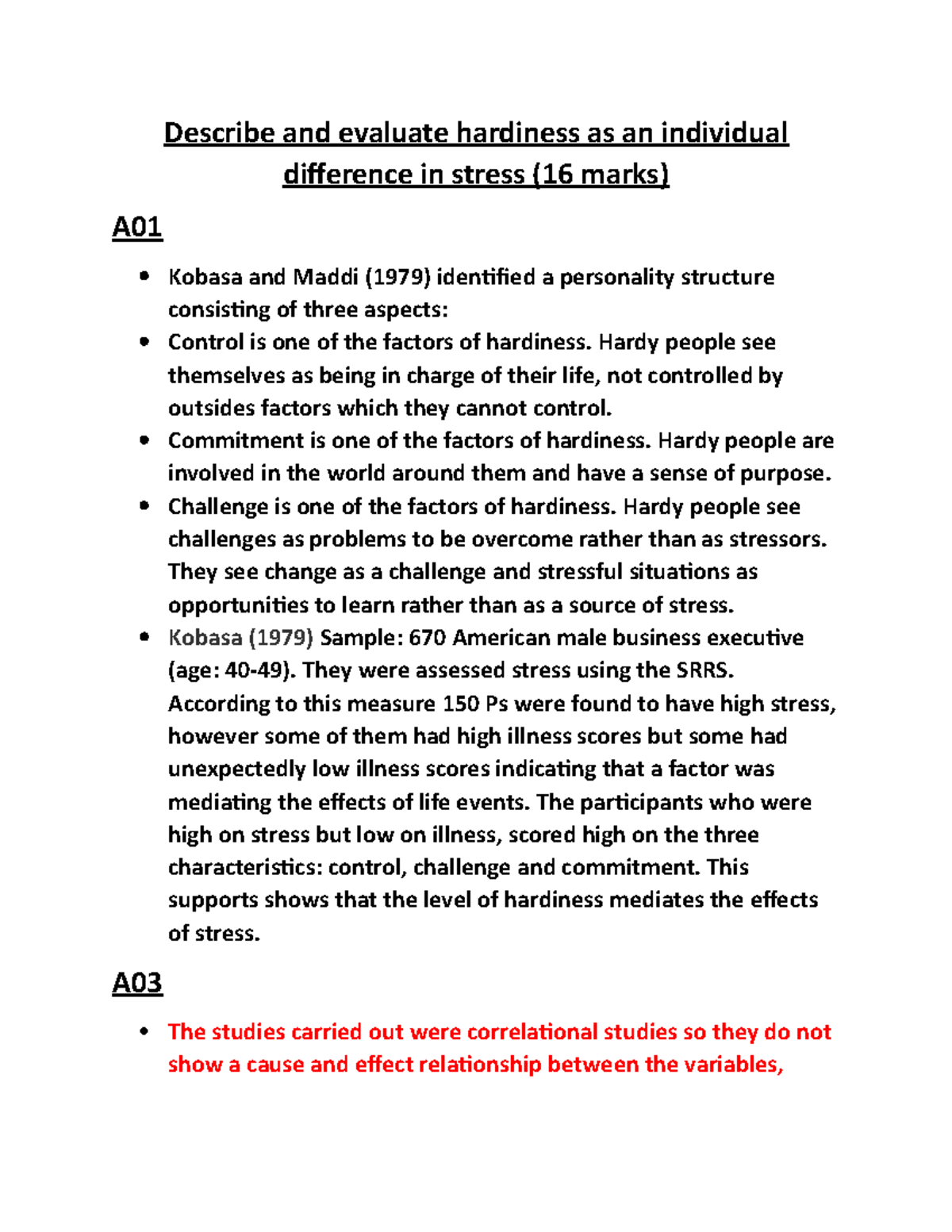 Individual differences in stress-Hardiness essay plan (16 marker ...