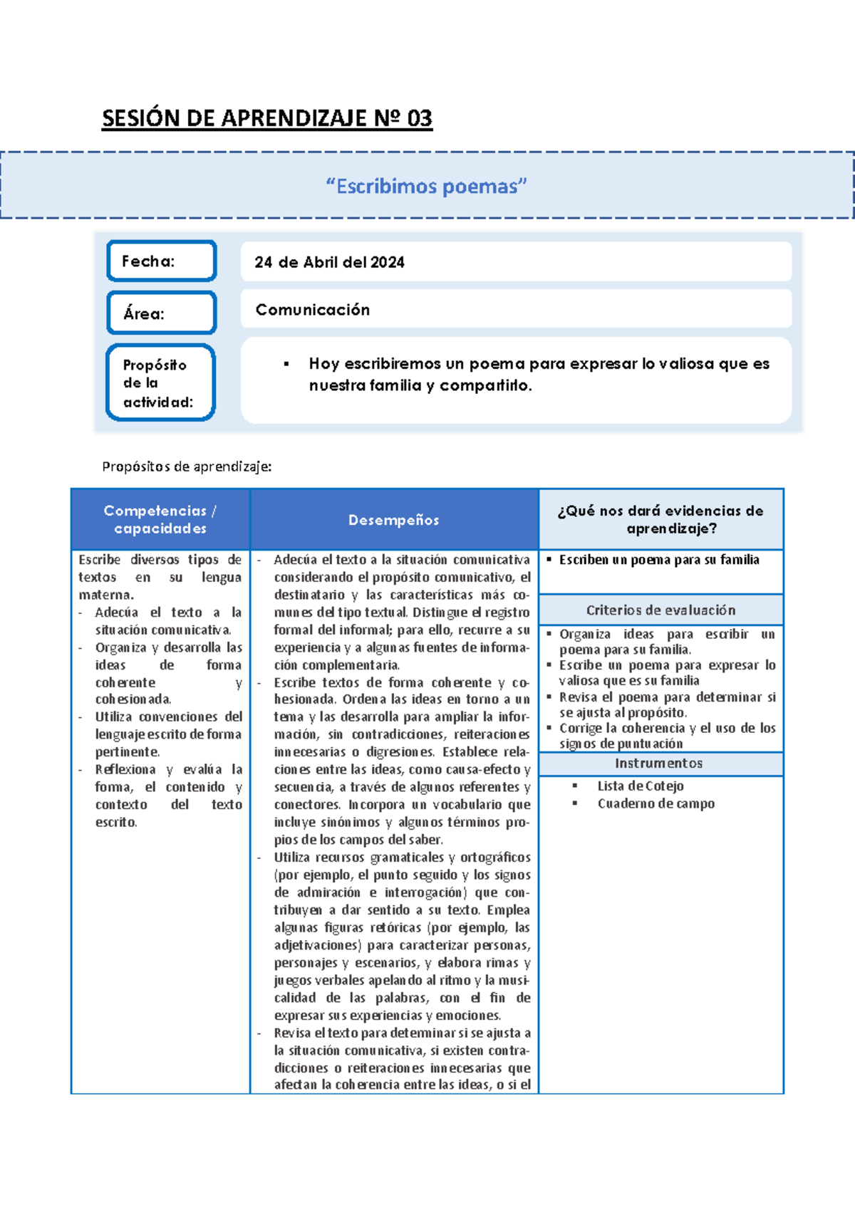 Sesion escribimos poemas - SESIÓN DE APRENDIZAJE Nº 03 Propósitos de aprendizaje: Competencias ...