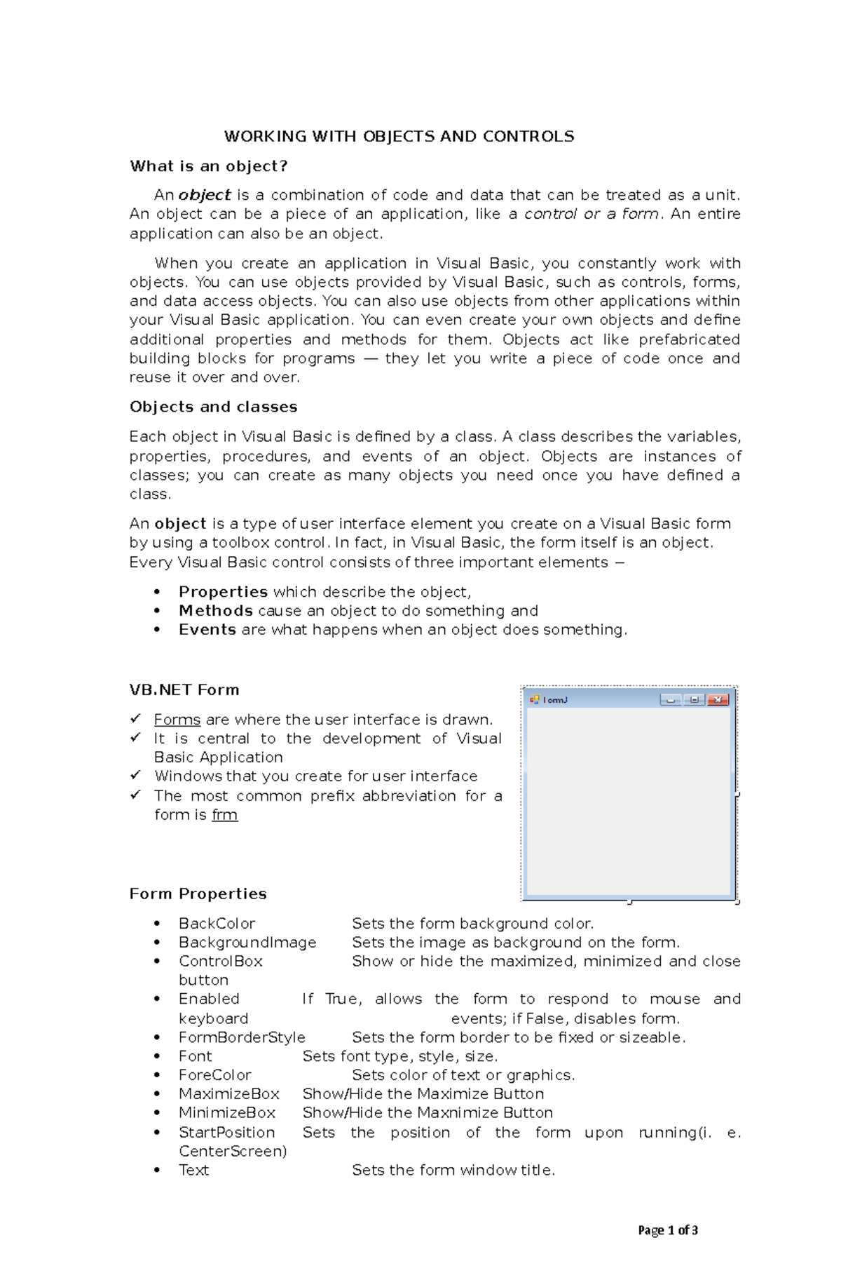 Working with Objects and Controls in VB - WORKING WITH OBJECTS AND ...