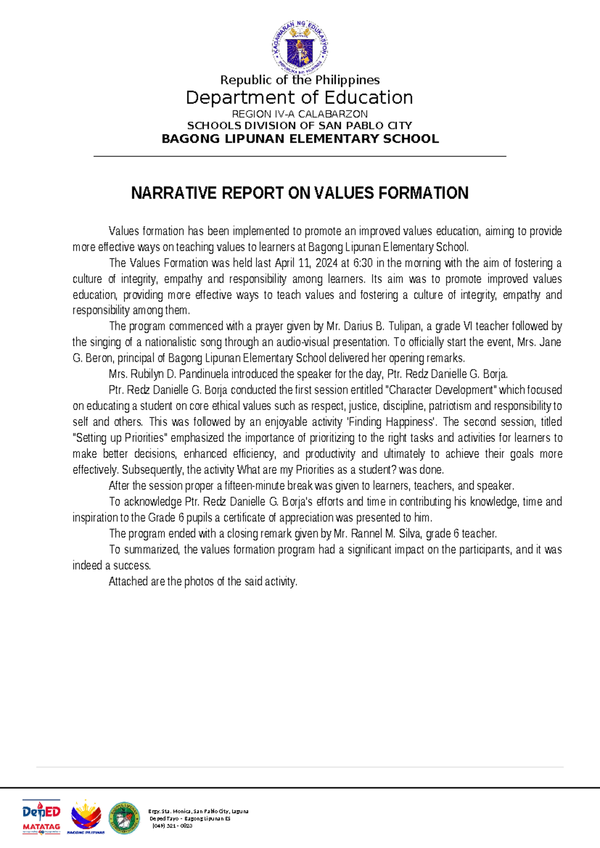 Values Formation- Narrative - Brgy. Sta. Monica, San Pablo City, Laguna ...