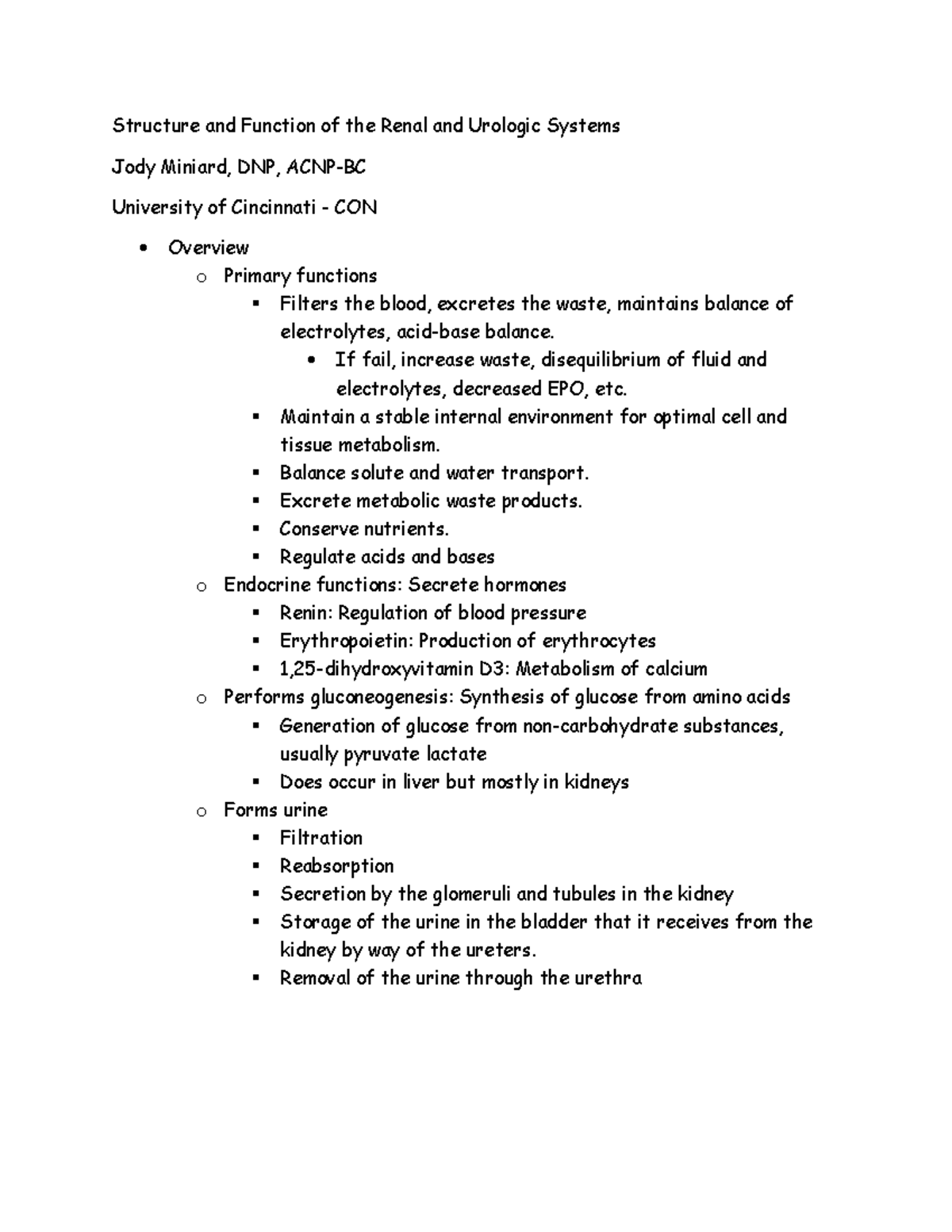 Renal and Urinary Physiology - Structure and Function of the Renal and Urologic Systems Jody ...