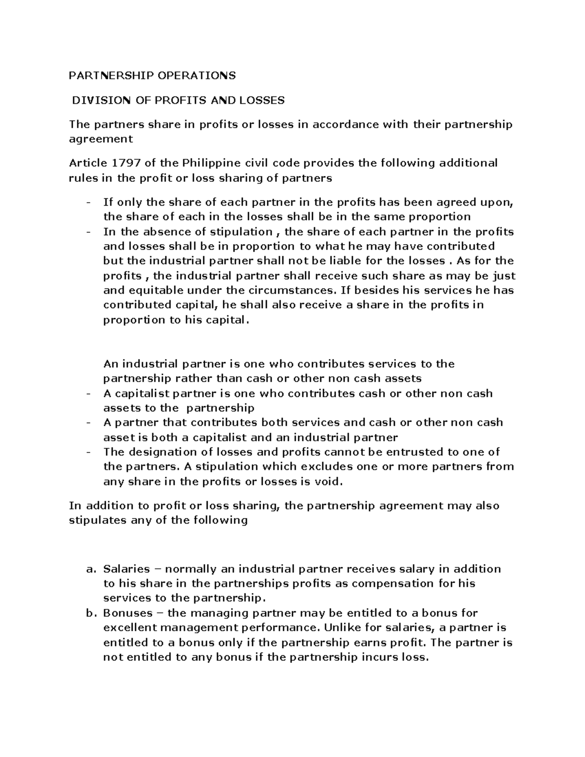 Partnership- Operations - PARTNERSHIP OPERATIONS DIVISION OF PROFITS ...