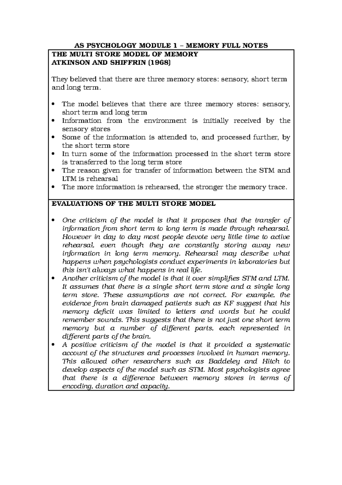 Memory Notes - AS PSYCHOLOGY MODULE 1 MEMORY FULL NOTES THE MULTI STORE ...