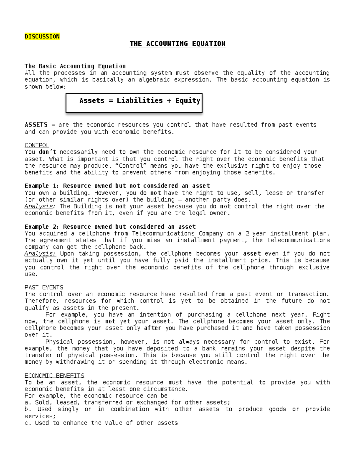 Accounting equation - DISCUSSION THE ACCOUNTING EQUATION The Basic Accounting Equation All the ...