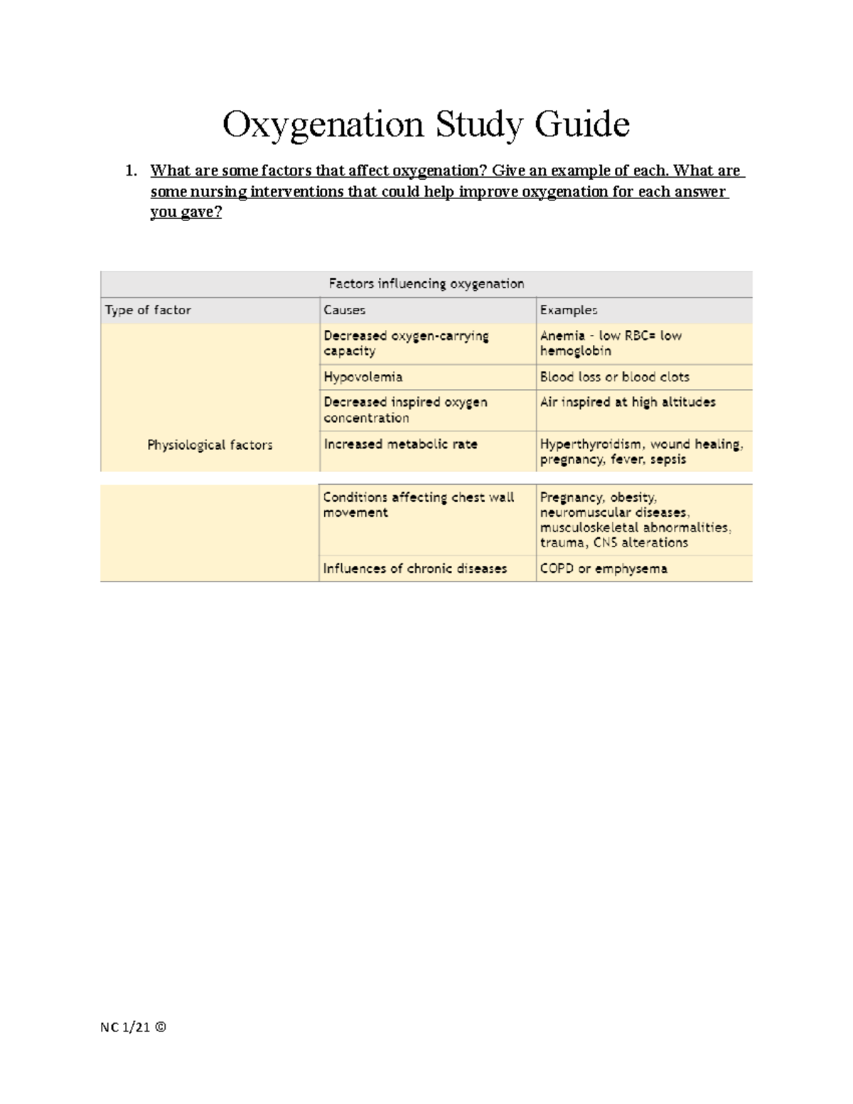 Oxygenation Study Guide(1) - What are some factors that affect oxygenation? Give an example of ...