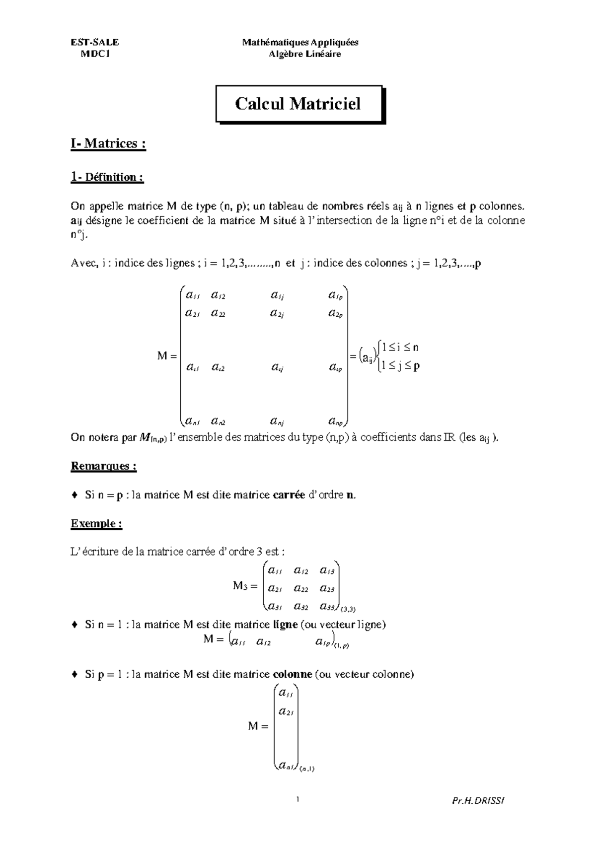 CMA calcul matriciel 2024-2025 - Calcul Matriciel I- Matrices : 1 ...