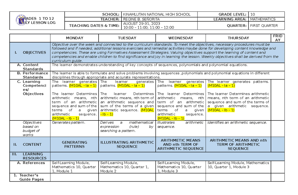 Week 1 (Aug. 29-31) - DLL in Mathematics - GRADES 1 TO 12 DAILY LESSON ...