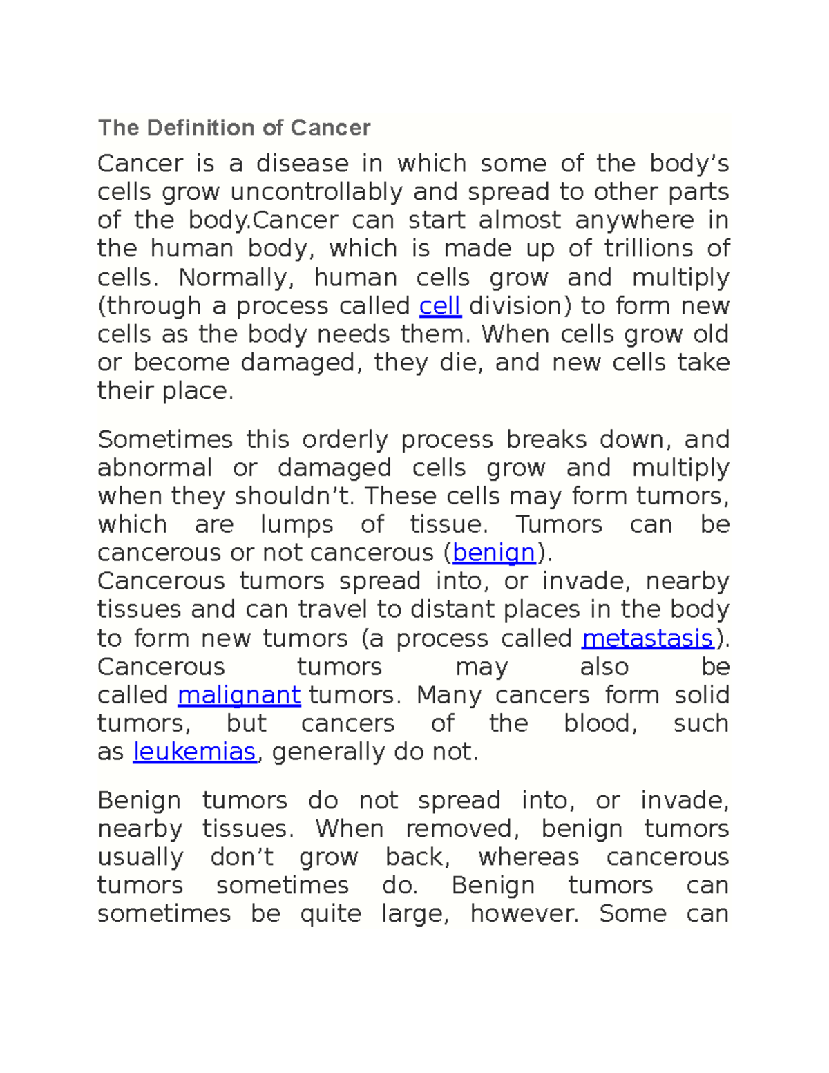 Cancer - mn bgyb - The Definition of Cancer Cancer is a disease in ...