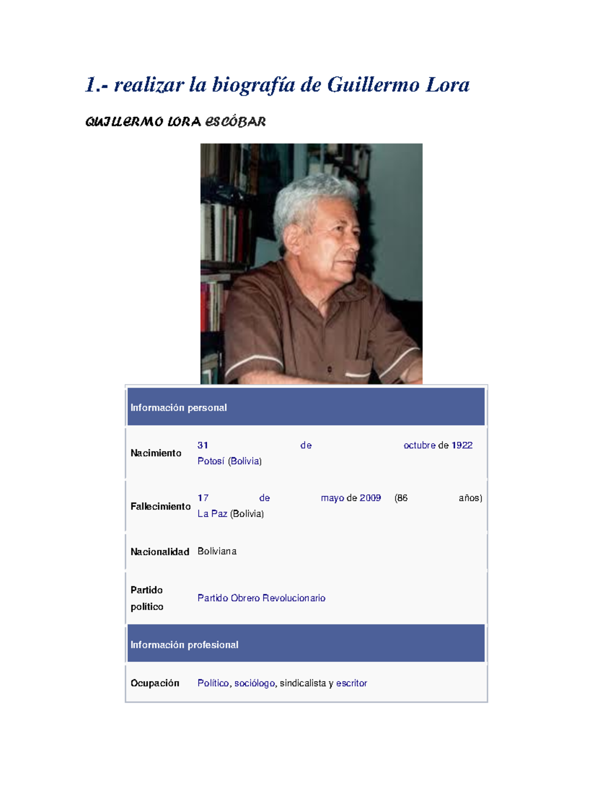 LA Biografia DE Guillermo LORA - Warning: TT: undefined function: 32 1 ...