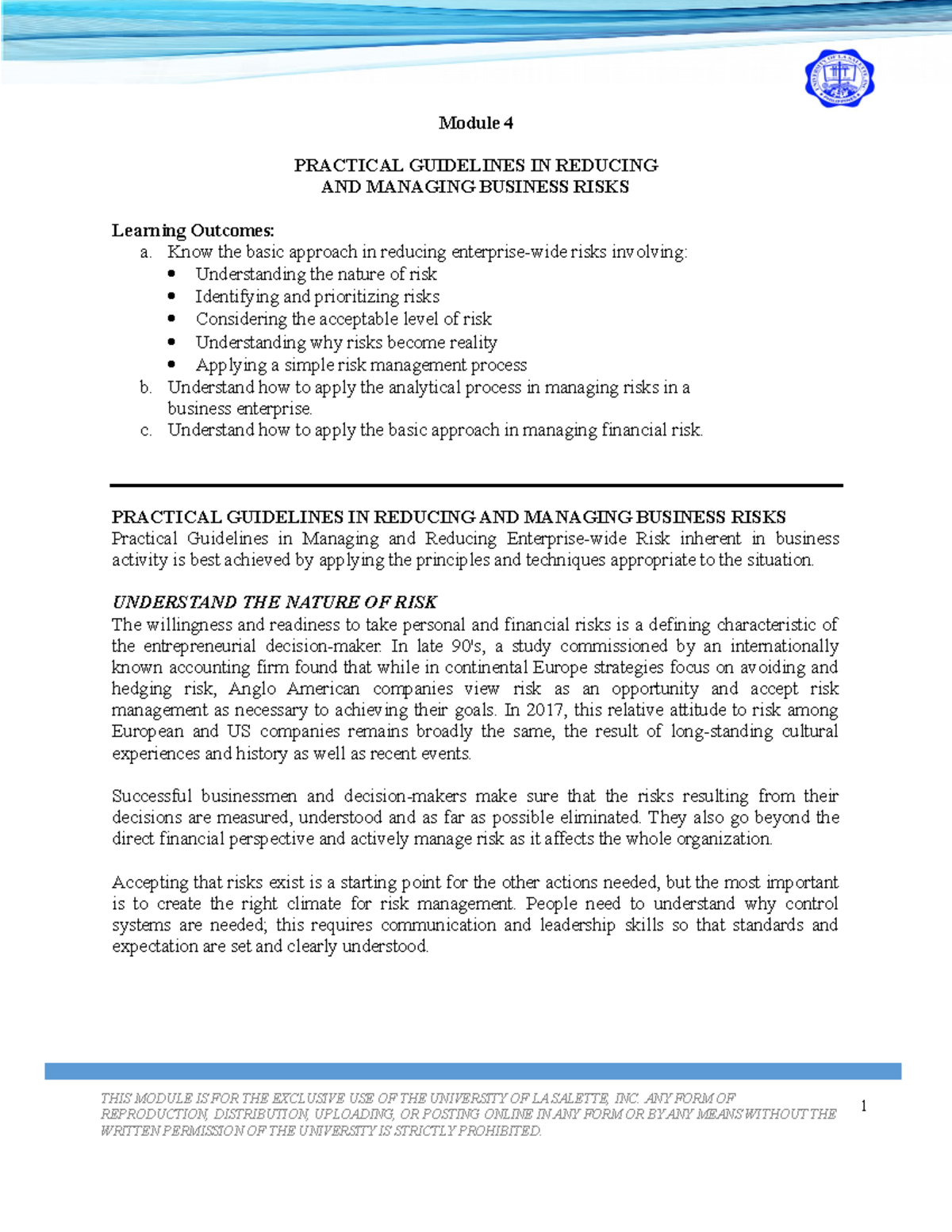 Module 4 - 123 - THIS MODULE IS FOR THE EXCLUSIVE USE OF THE UNIVERSITY ...