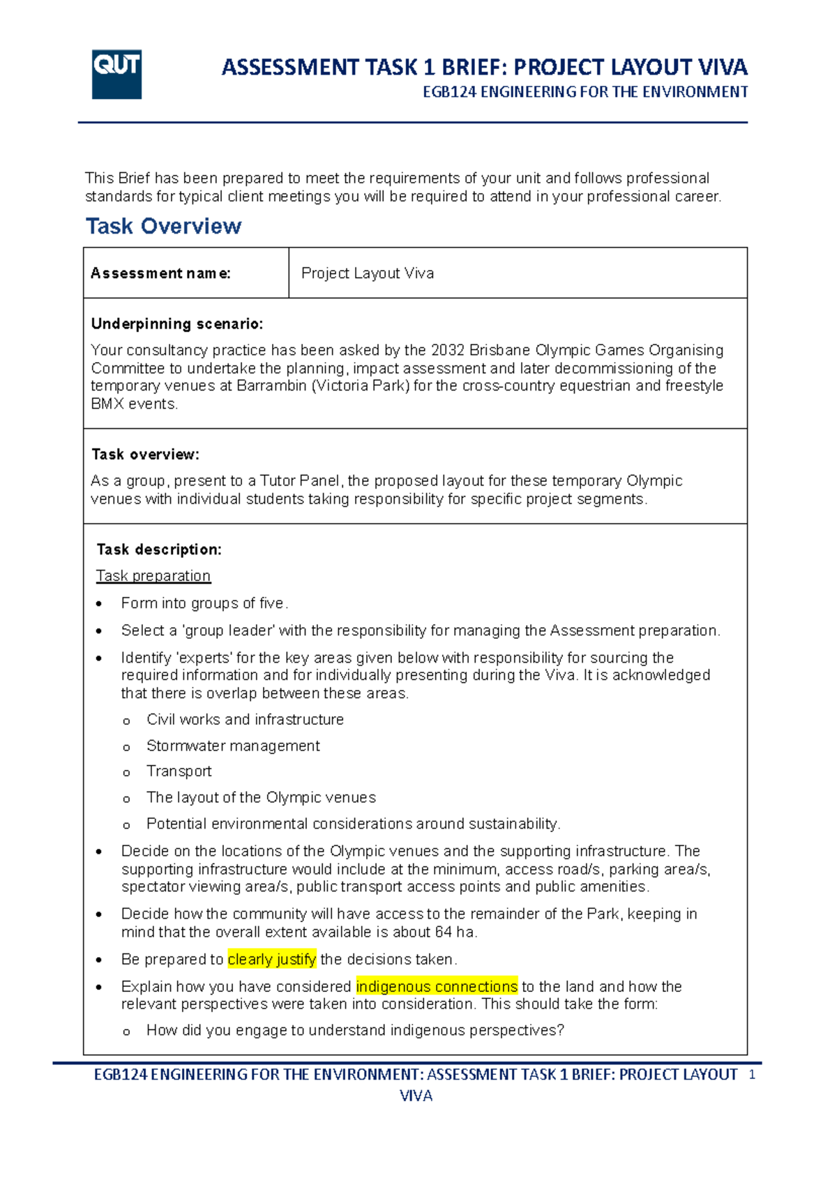 EGB124 Assessment Task 1 Brief 2024 V1 - ASSESSMENT TASK 1 BRIEF: PROJECT LAYOUT VIVA EGB124 ...