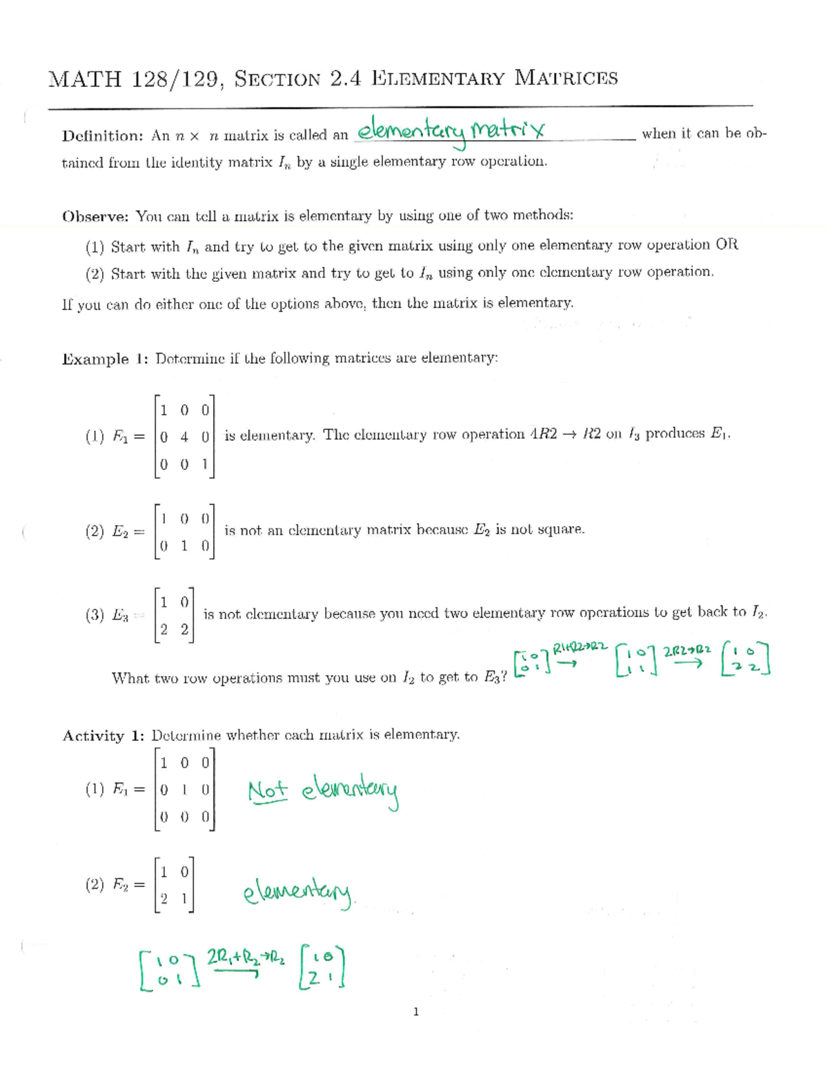 2.4 Elementary Matrices - MATH SECTION 2 ELEMENTARY MATRICES Definition ...