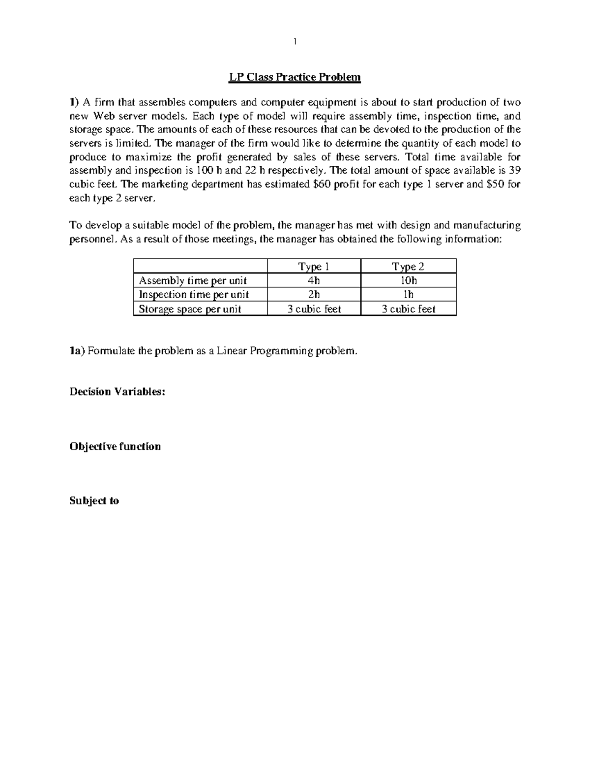 LP Class Practice LP Graphical and Formulation Handout 2 Template - 1 LP Class Practice Problem ...