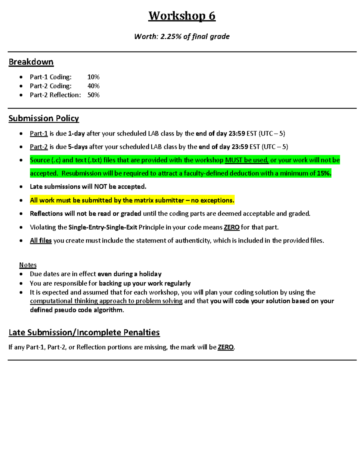 Workshop 06 - IPC144 W6 - Workshop 6 Worth: 2% of final grade Breakdown ...