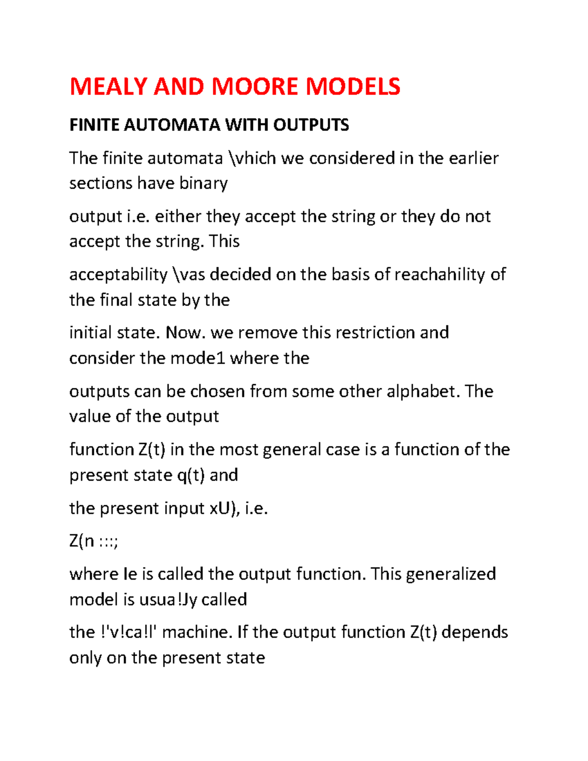 Computer science practice material ( Mealy AND Moore Models) - MEALY AND MOORE MODELS FINITE ...