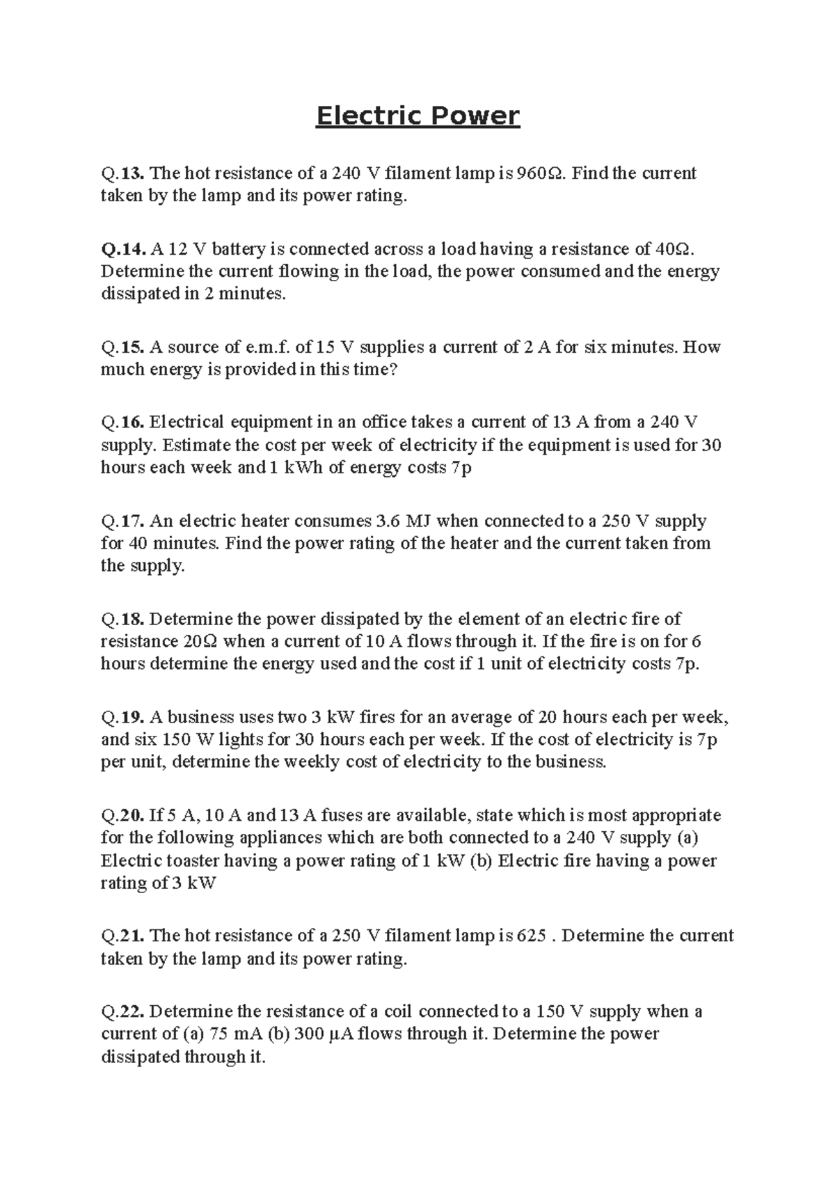 Electric Power - Practical Questions - Electric Power Q. The hot ...