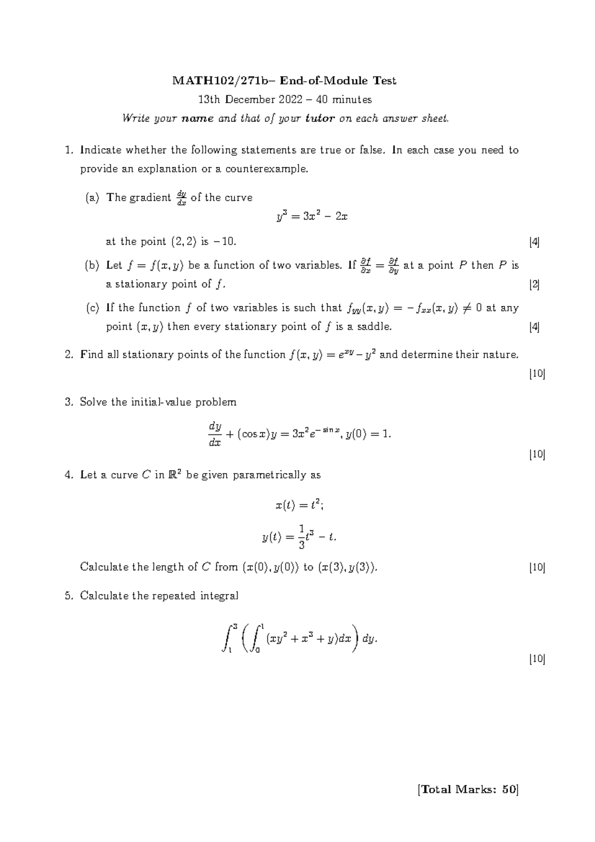 Math102 Test2022 - MATH102/271b– End-of-Module Test 13th December 2022 ...