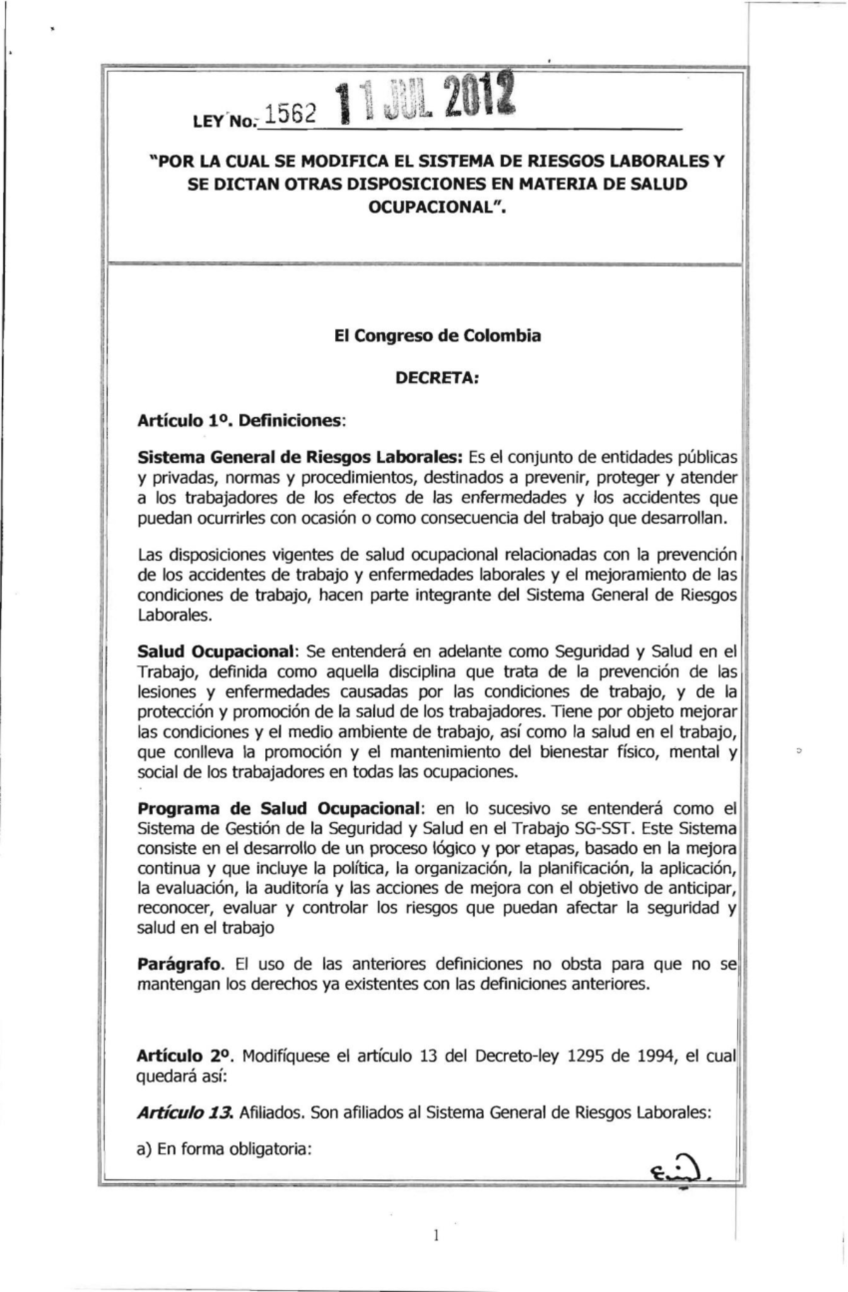 LEY 1562 DEL 2012 de colombia en la seguridad laboral - administración ...