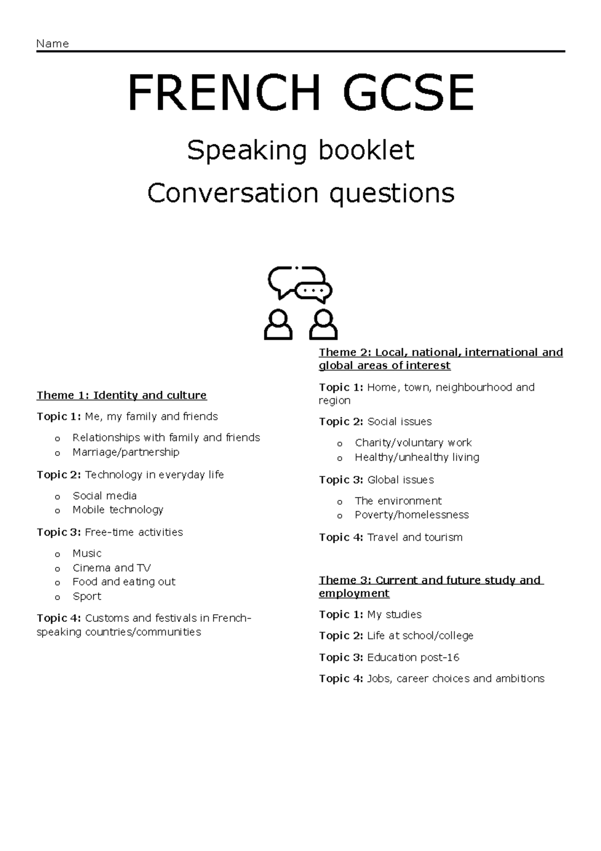 GCSE Speaking booklet - Name FRENCH GCSE Speaking booklet Conversation ...