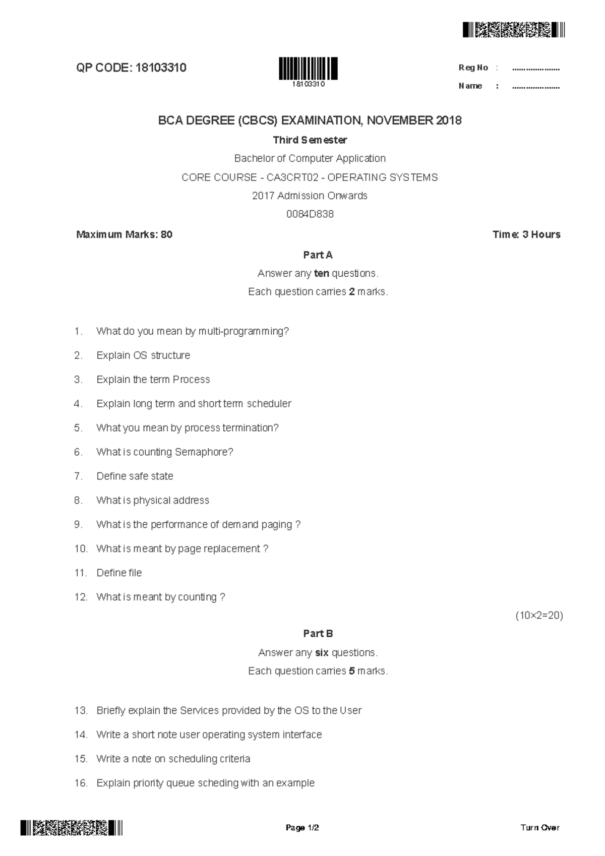 OS2018 - Operating Systems previous year question paper 2018 MG ...