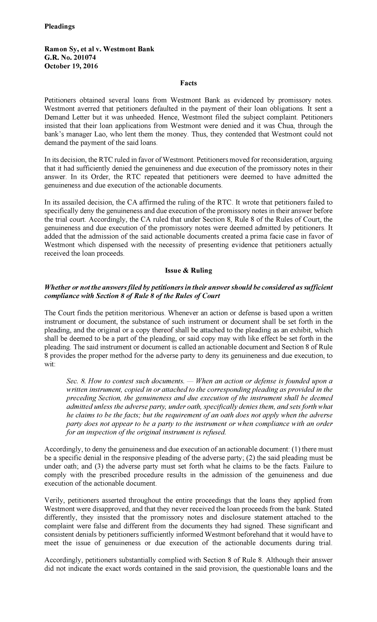 11. Ramon Sy, et al v. Westmont Bank - Pleadings Ramon Sy, et al v ...