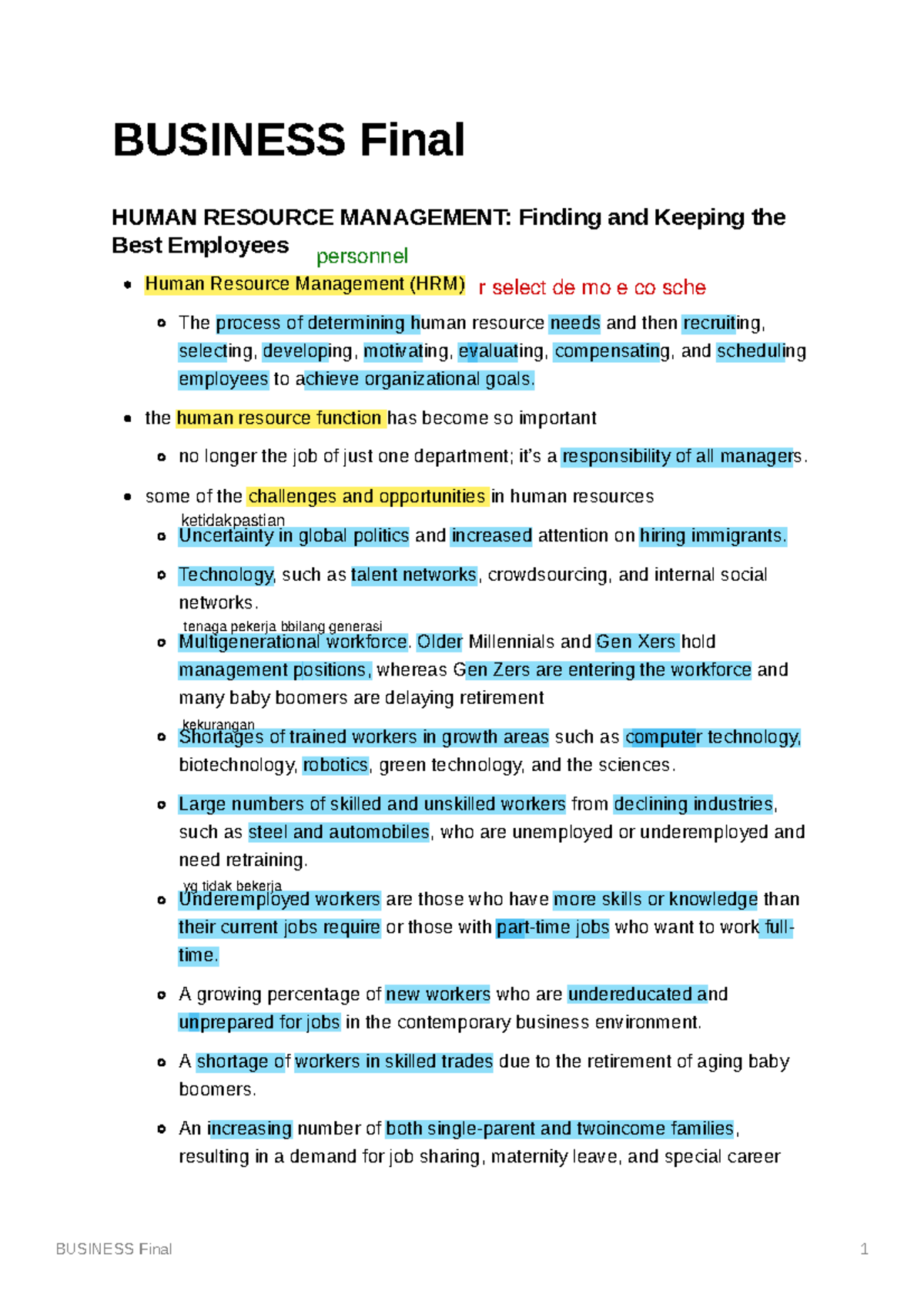 Business Final Notes - BUSINESS Final HUMAN RESOURCE MANAGEMENT ...