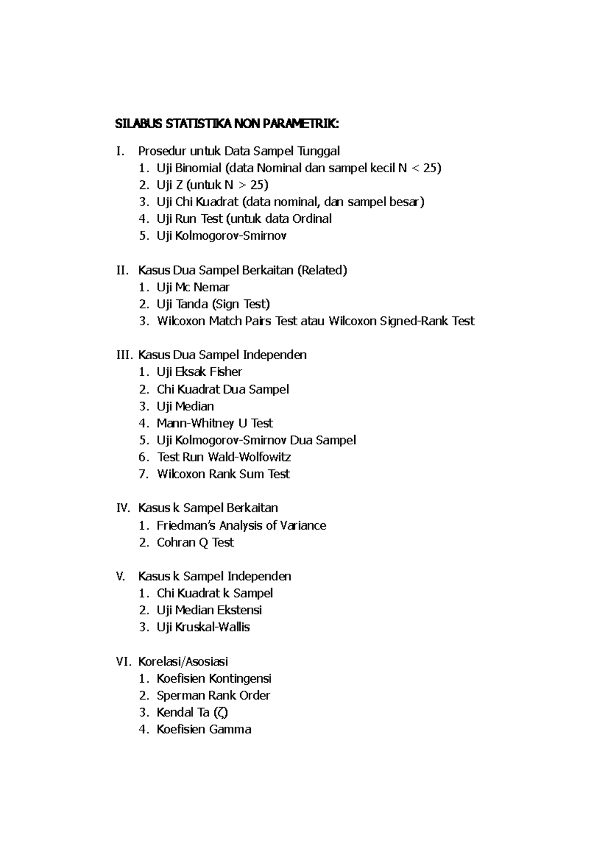 Statistik NON-PAR - SILABUS STATISTIKA NON PARAMETRIK: I. Prosedur untuk Data Sampel Tunggal 1 ...