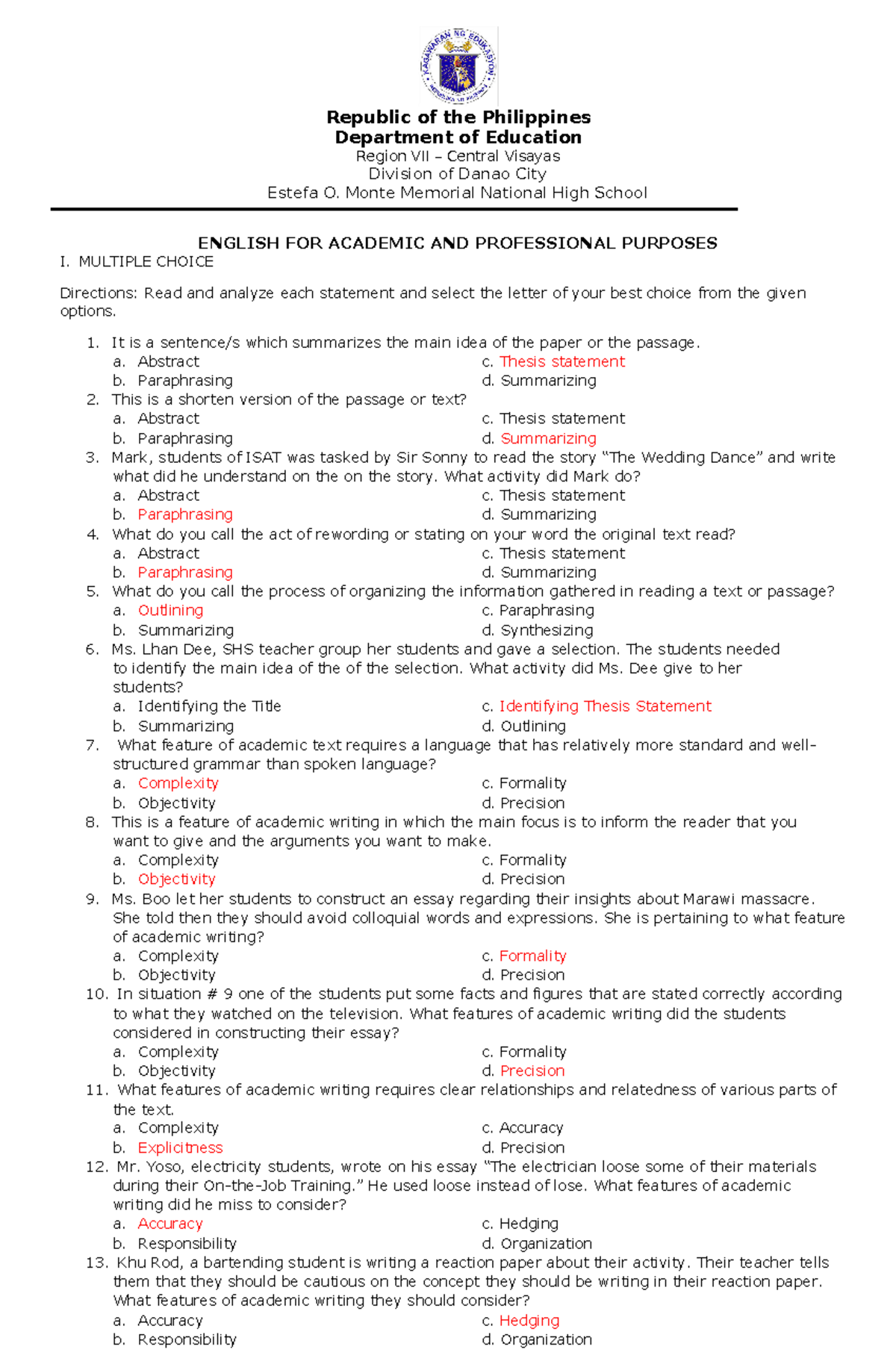 EAPP Pre test - none - Republic of the Philippines Department of ...