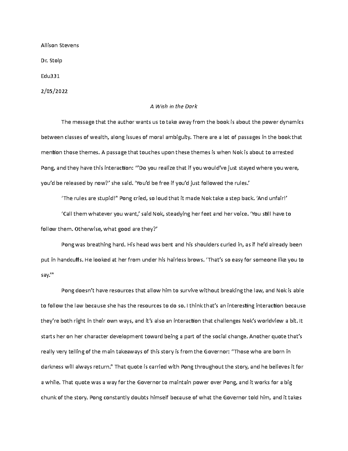 A Wish In The Dark - Author's Message - Allison Stevens Dr. Stolp Edu 2 ...