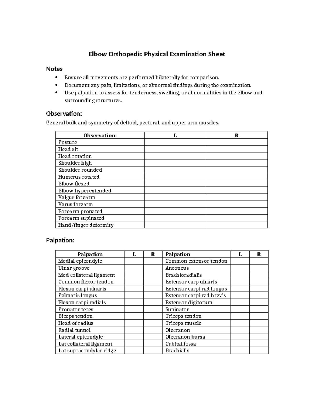 Elbow Orthopedic Physical Examination Sheet v3 - Elbow Orthopedic ...