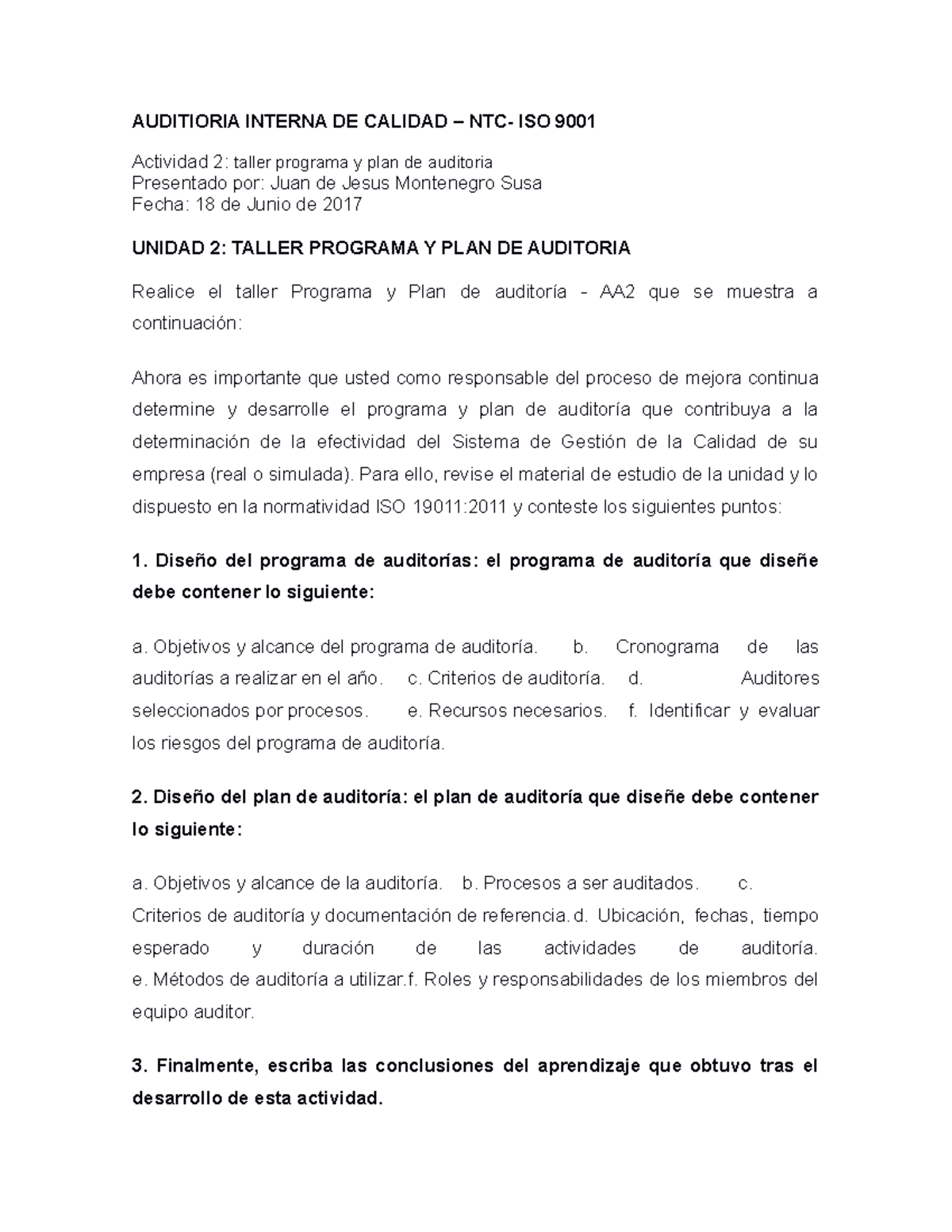 386212897 Taller Programa y plan de auditoria doc - AUDITIORIA INTERNA DE CALIDAD – NTC- ISO ...