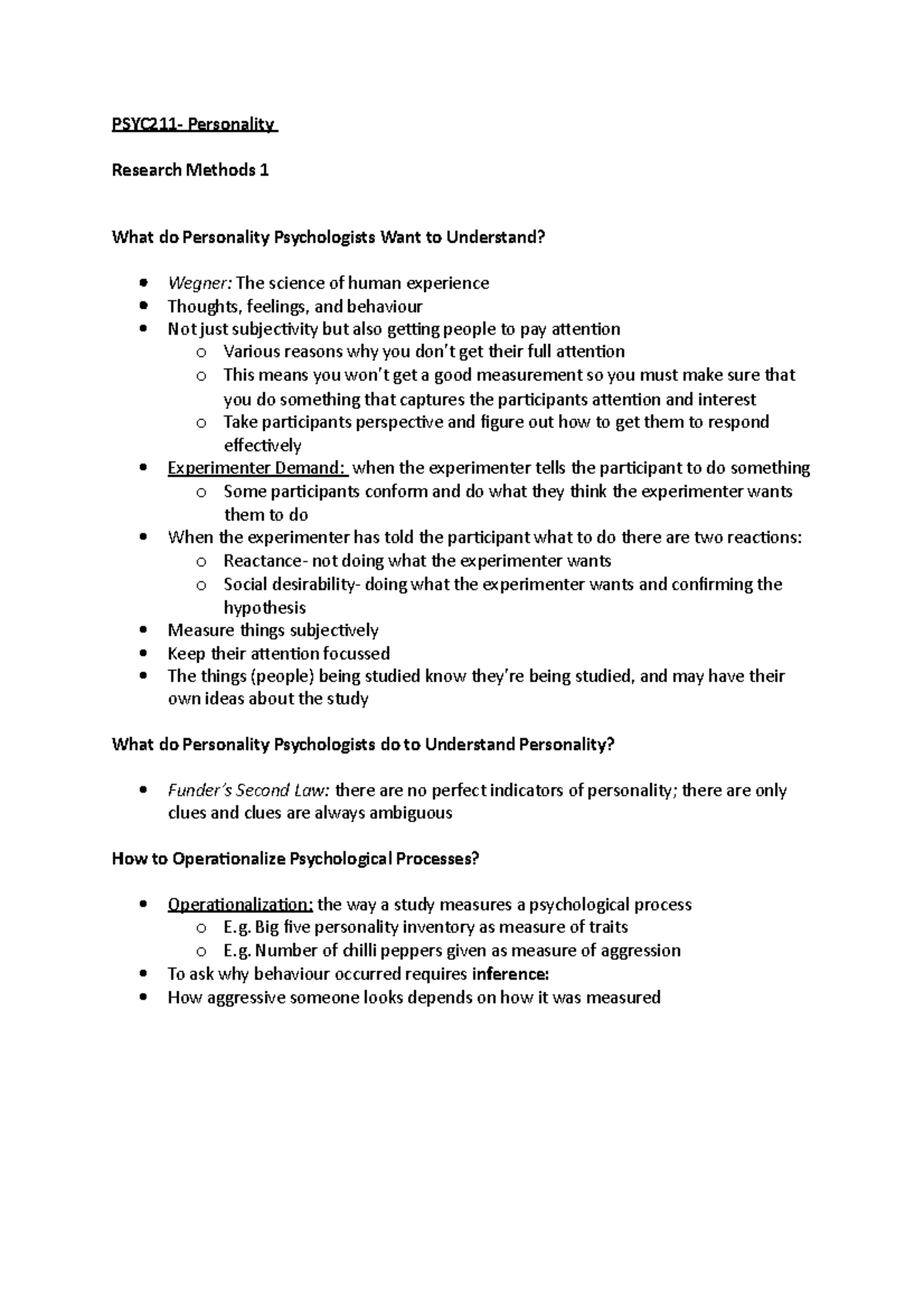 PSYC211 - Lecture notes 1 - PSYC211- Personality Research Methods 1 ...