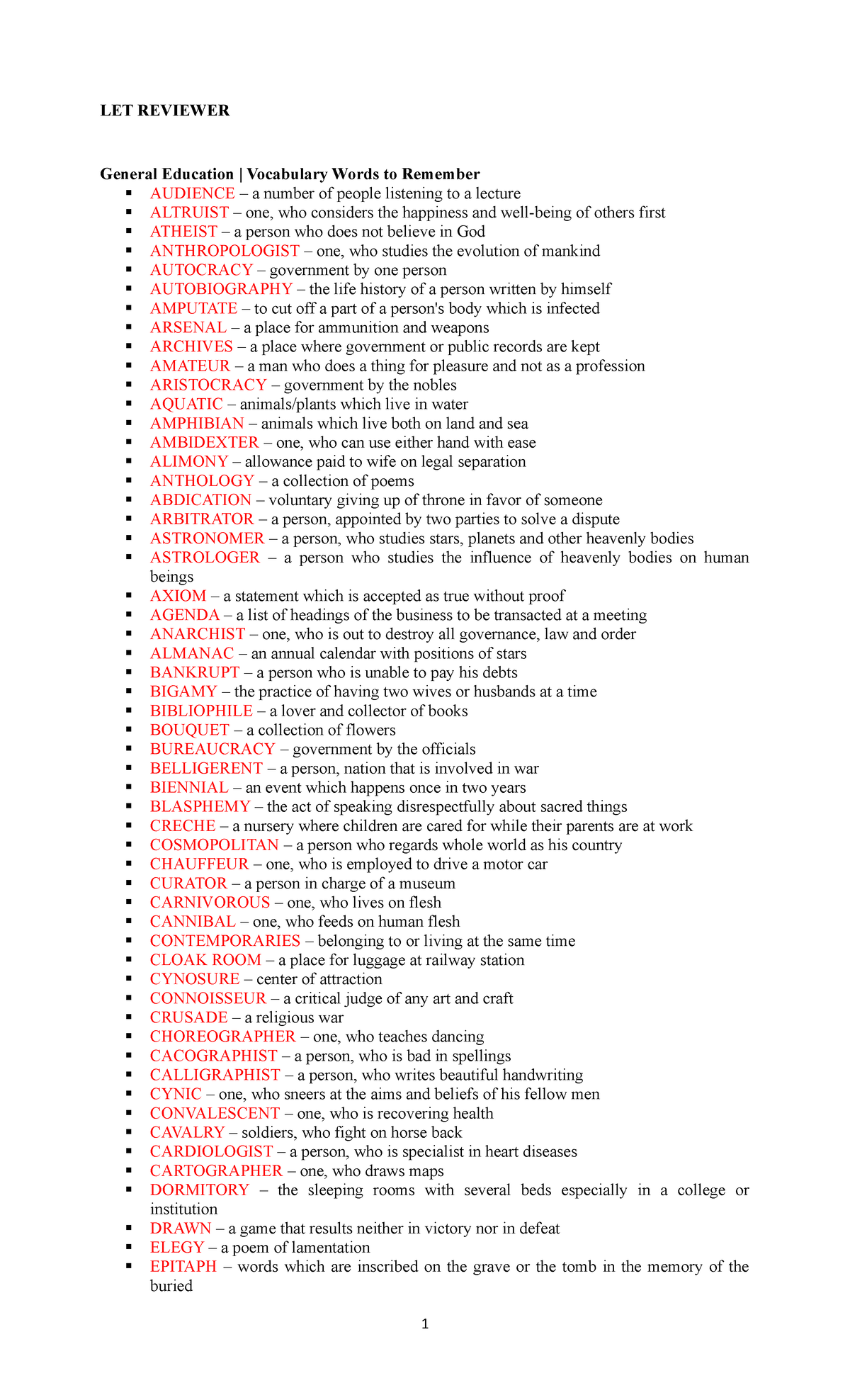 LPT - Reviewer - LET REVIEWER General Education | Vocabulary Words to ...