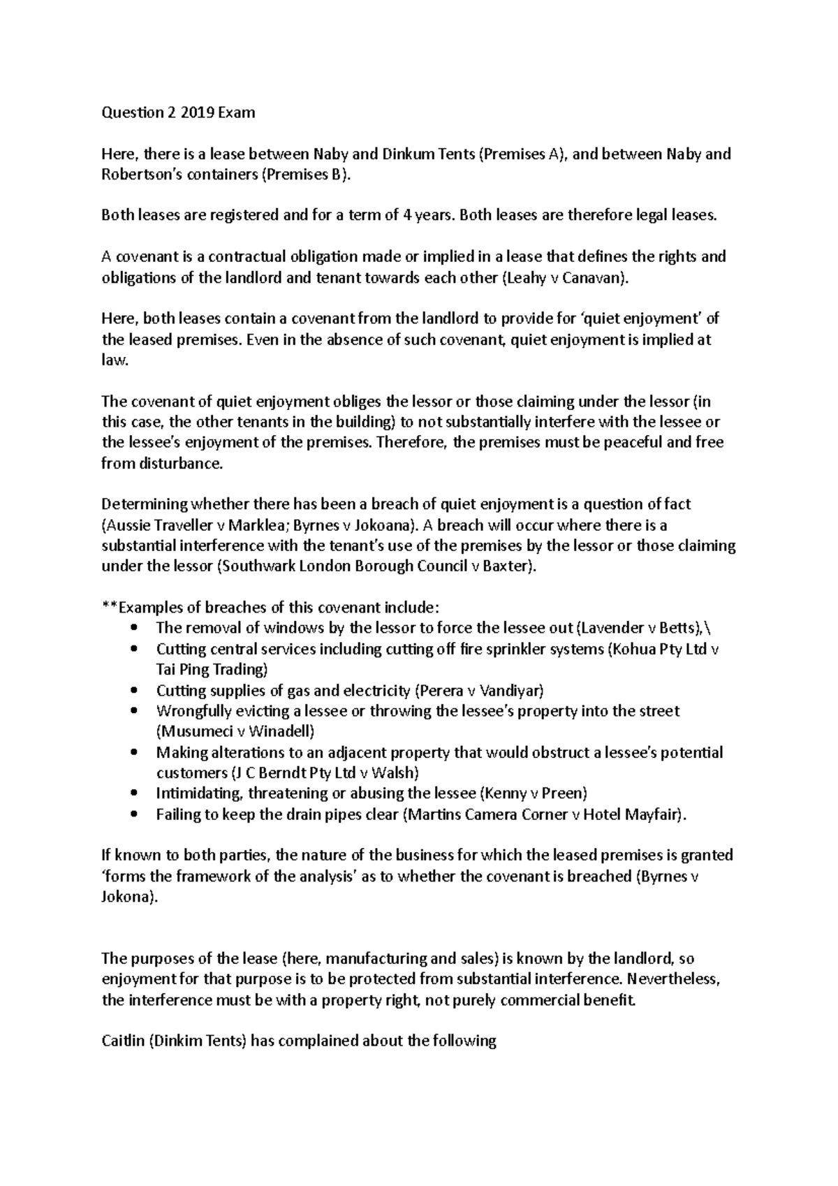 Exam ans breach of quiet enjoyment covenants - Question 2 2019 Exam ...