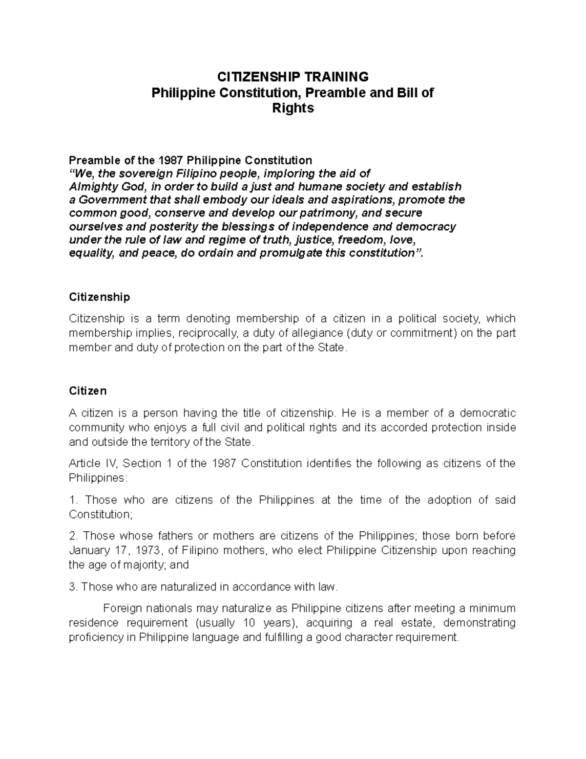 Filipino Citizenship - CITIZENSHIP TRAINING Philippine Constitution ...