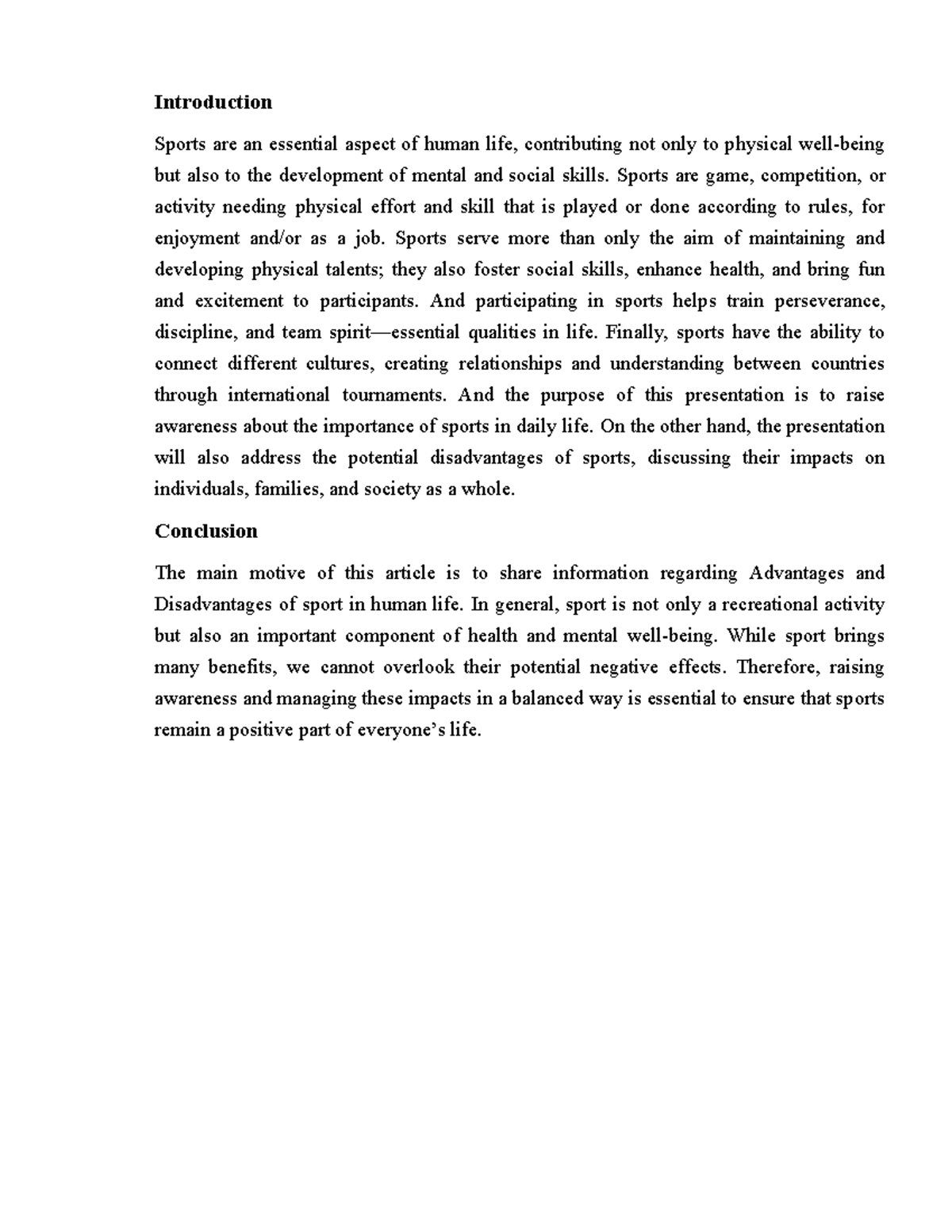 Introduction and conclusion bản rút gọn - Introduction Sports are an ...