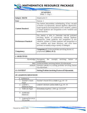 DLL-8 (WEEK 1, DAY 5) - A Detailed Lesson Plan for Grade 8 - Basic ...