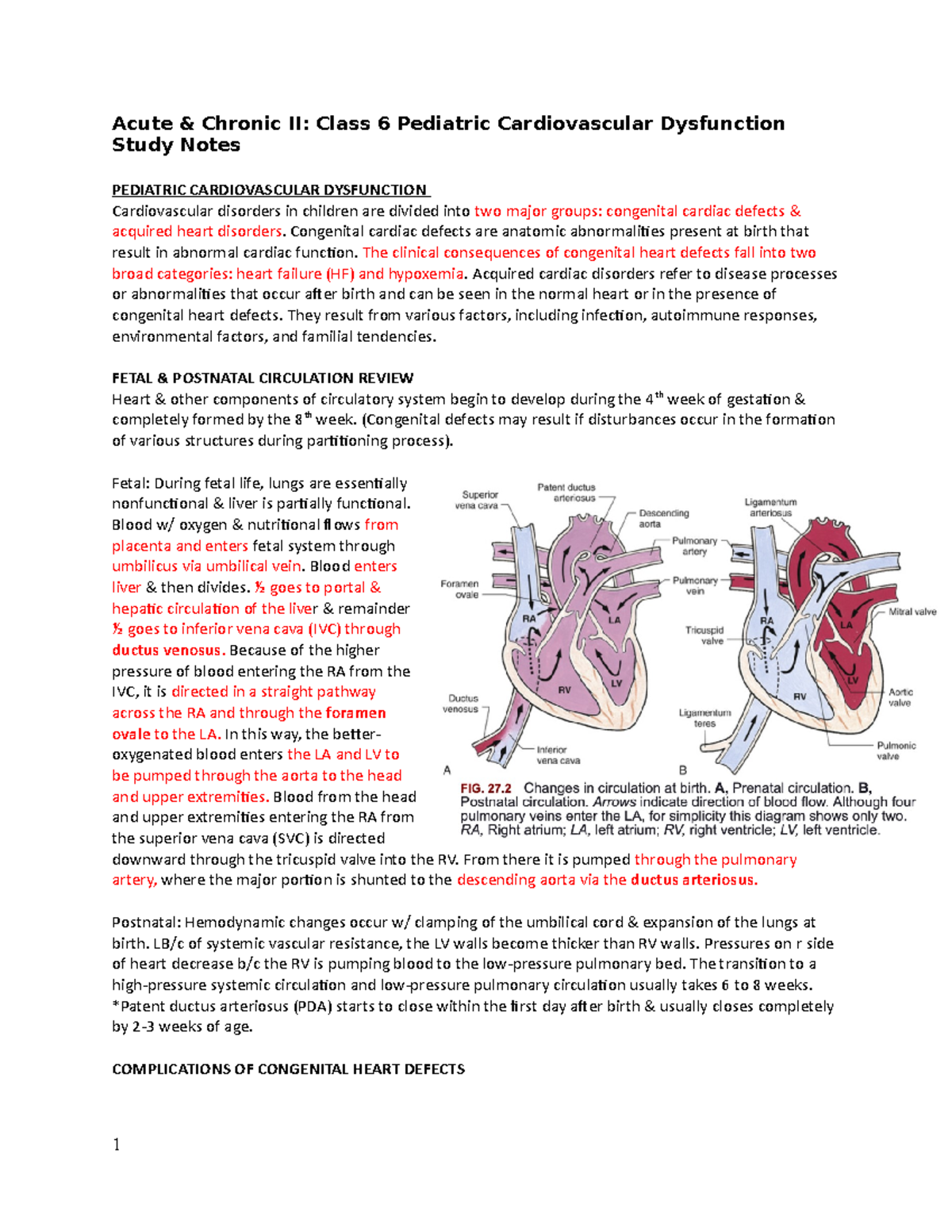 Class 6 Pediatric Cardiovascular Dysfunction Study Notes - Congenital ...