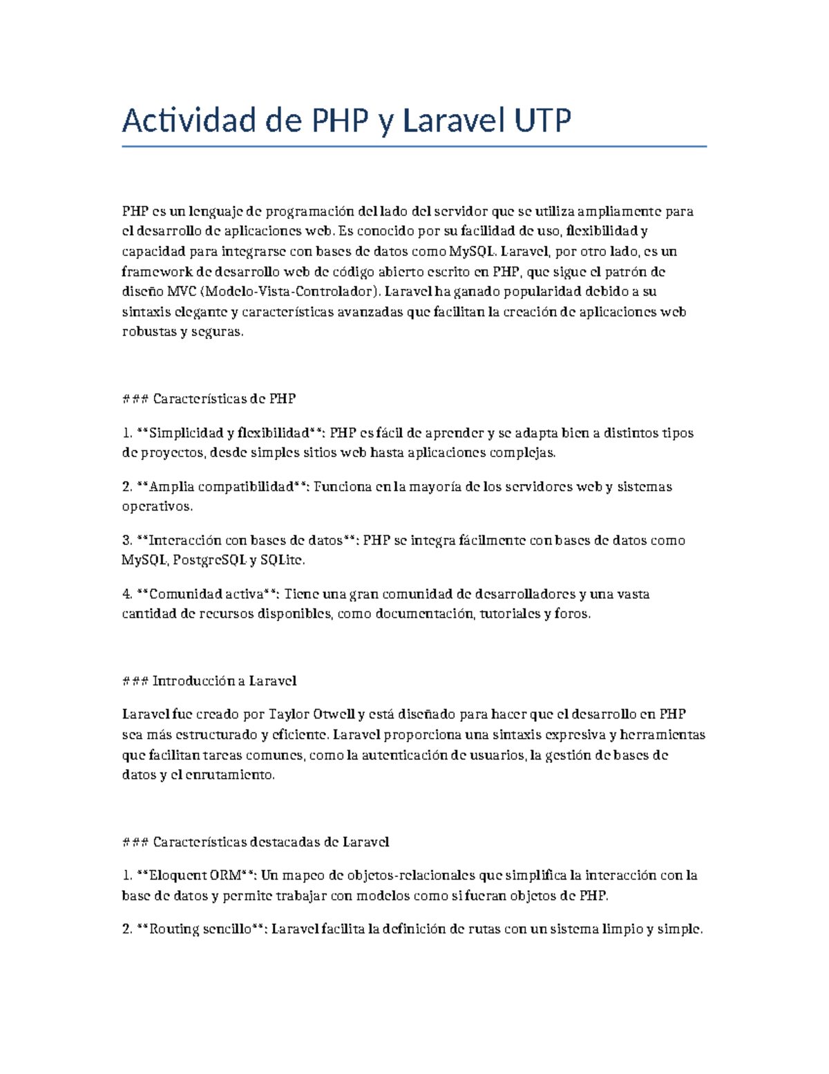 Actividad de PHP y Laravel UTP - Es conocido por su facilidad de uso, flexibilidad y capacidad ...