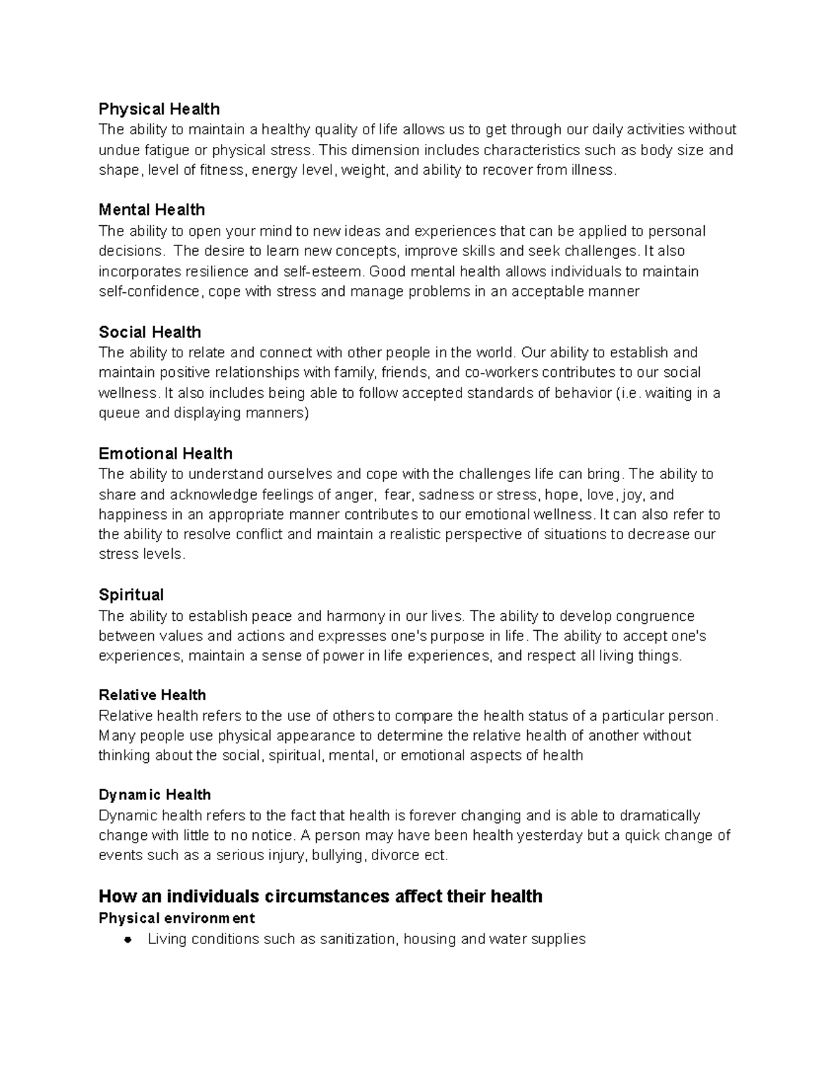 Pdhpe notes - Physical Health The ability to maintain a healthy quality ...