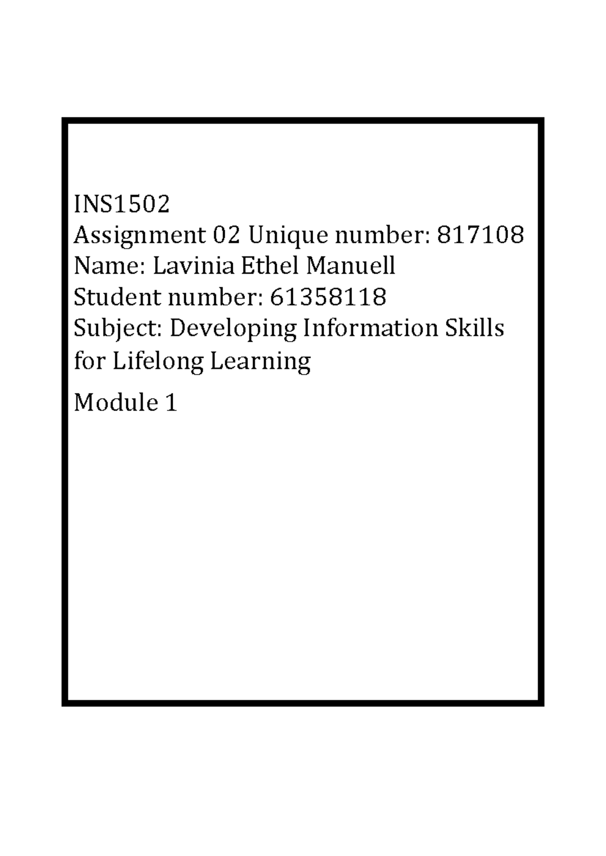 INS1502 Ass2 - Notes - INS1502 - INS Assignment 02 Unique number ...