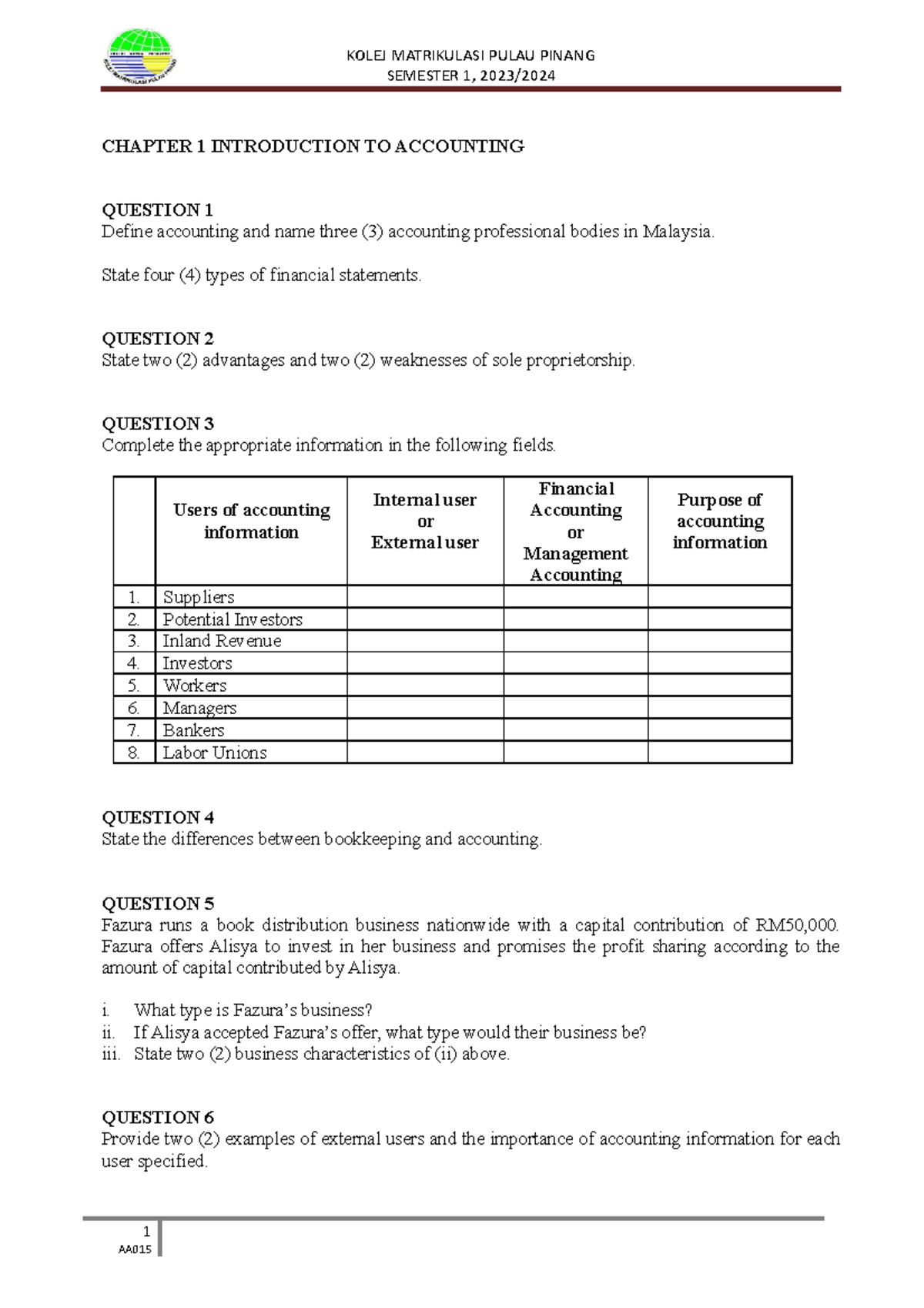 Tuto topic 1 - Ok ini latihan - SEMESTER 1, 202 3 /202 4 CHAPTER 1 ...