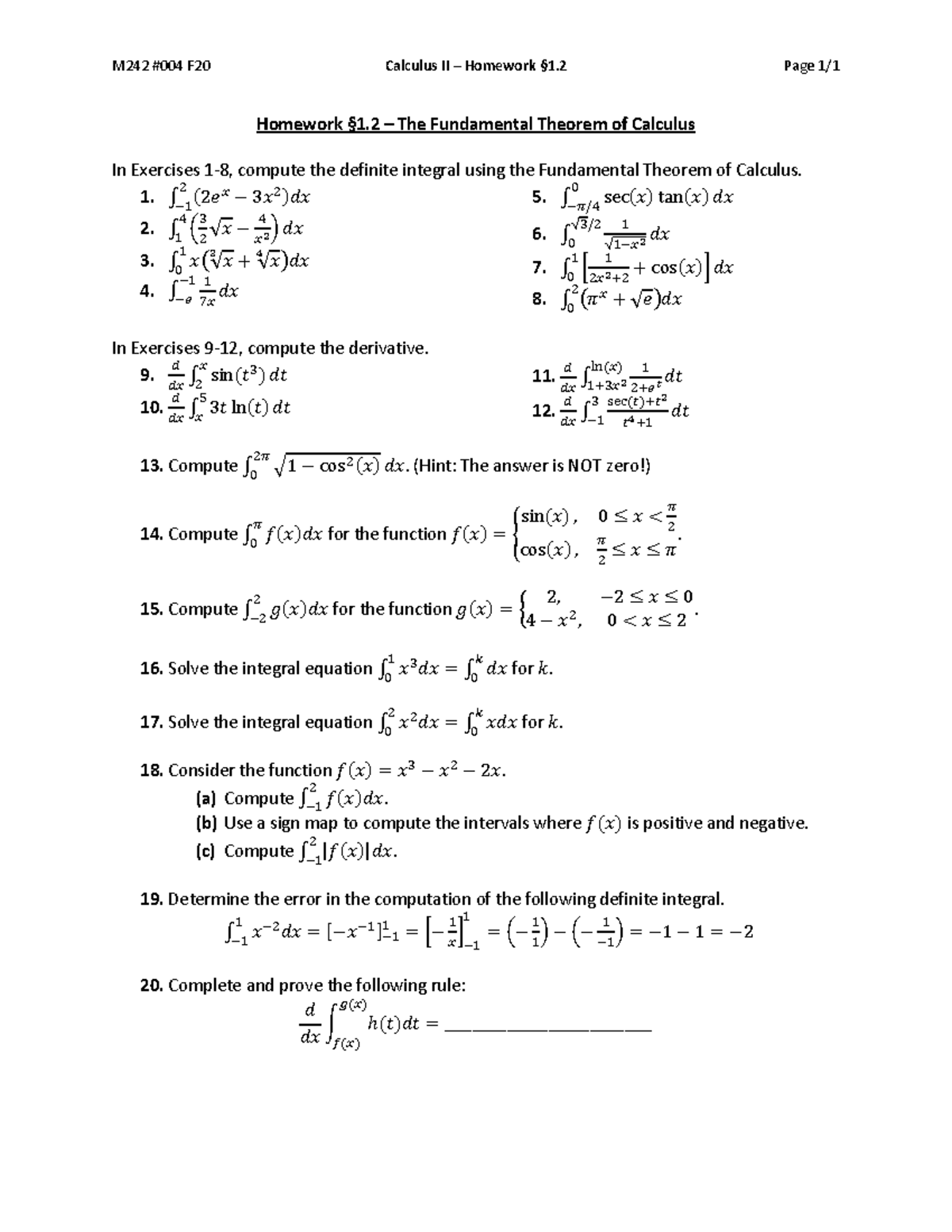 Math242-Practice 1 - Practice Problems 1.2 - M242 #004 F20 Calculus II ...