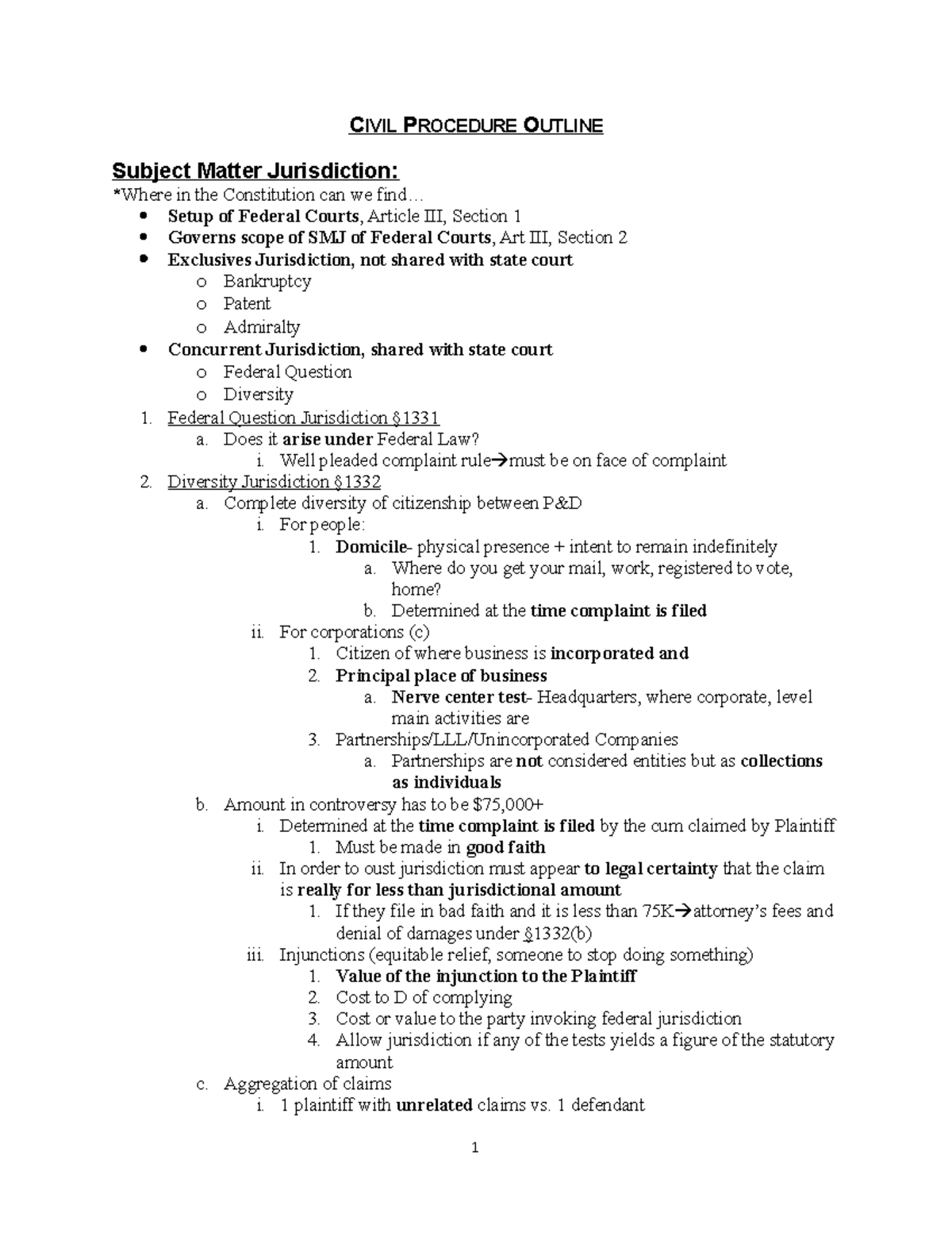 Civil Procedure Outline - CIVIL PROCEDURE OUTLINE Subject Matter ...