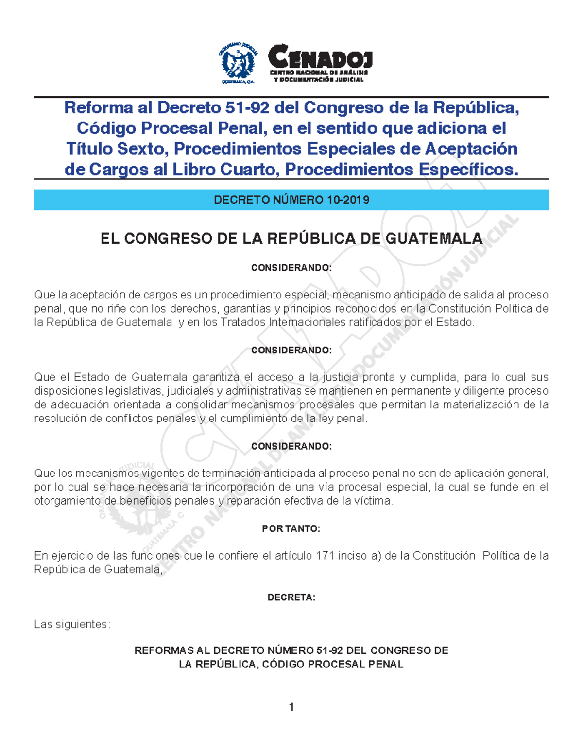 Decreto 10-2019 Aceptación de Cargos del Cenadoj - EL CONGRESO DE LA ...