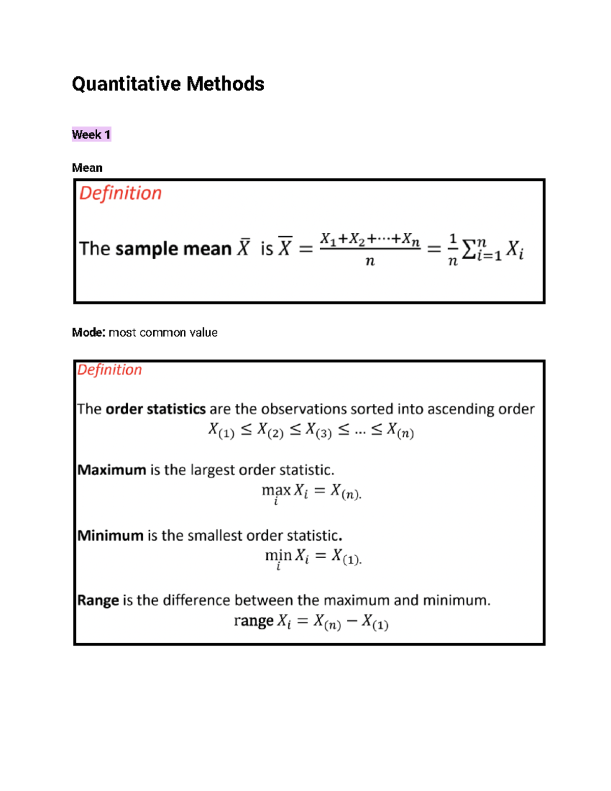 Quantitative Methods Lecture Notes Sem 1 Quantitative Methods Week 1 Mean Mode Most Common