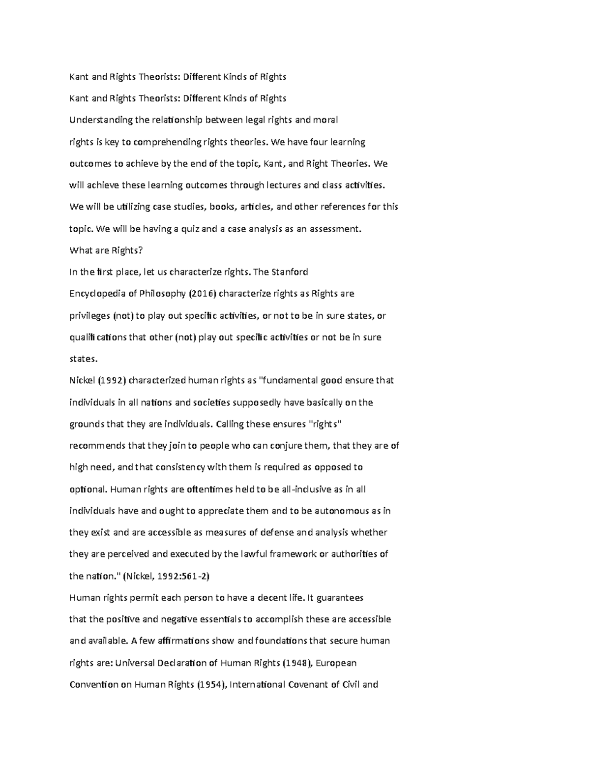 Ethics Lecture Notes 7 - Kant and Rights Theorists: Different Kinds of ...