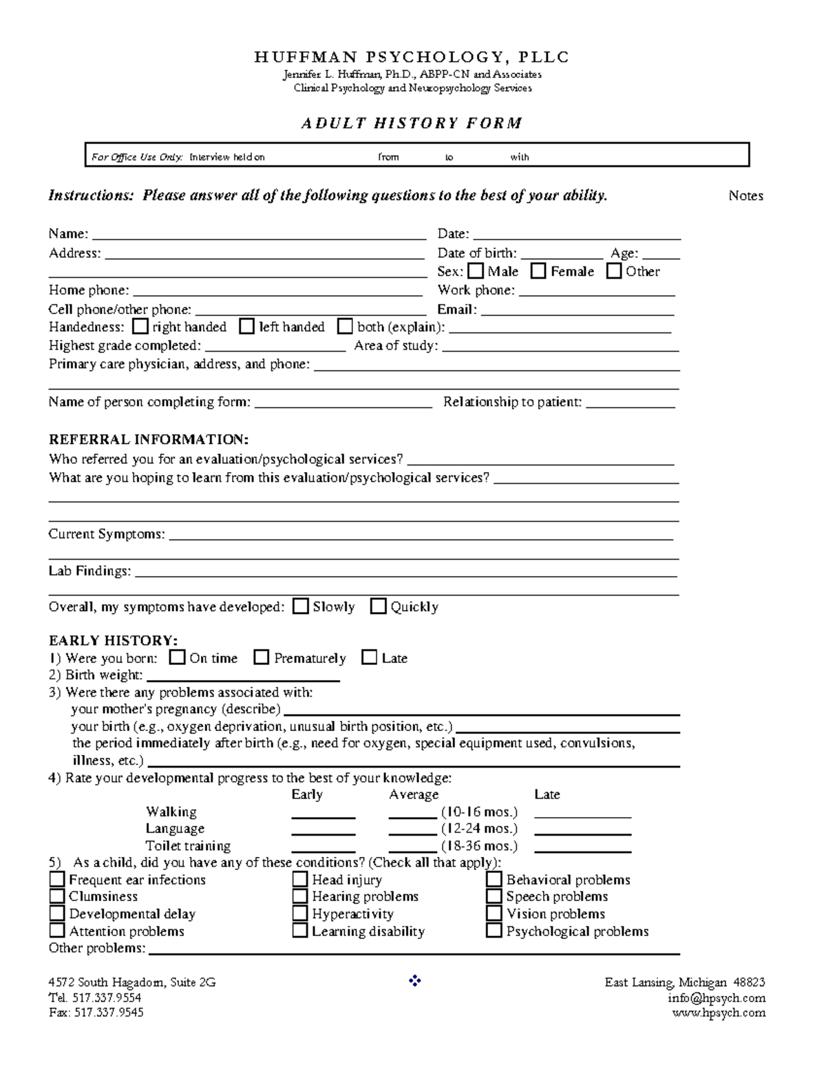 Adult History Form - ... - H U F F M A N P S Y C H O L O G Y , P L L C ...