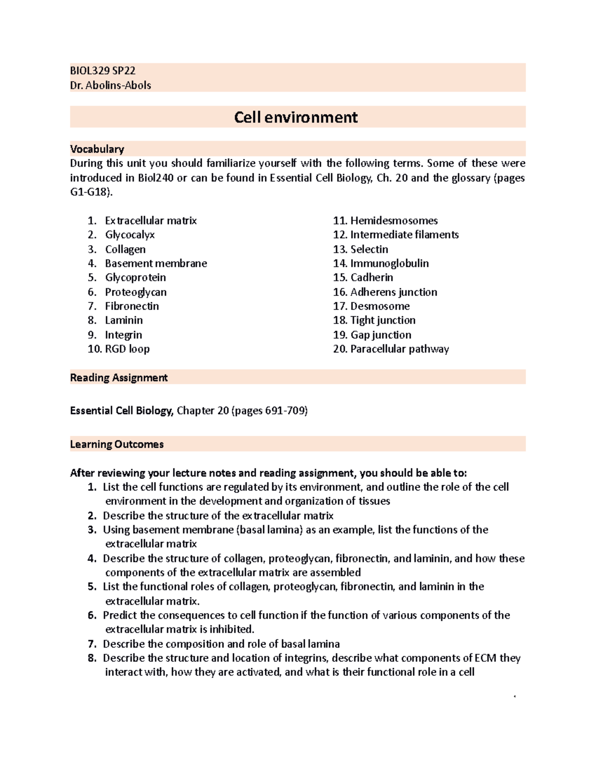 D21 Cell environment study guide - BIOL329 SP Dr. Abolins-Abols Cell ...